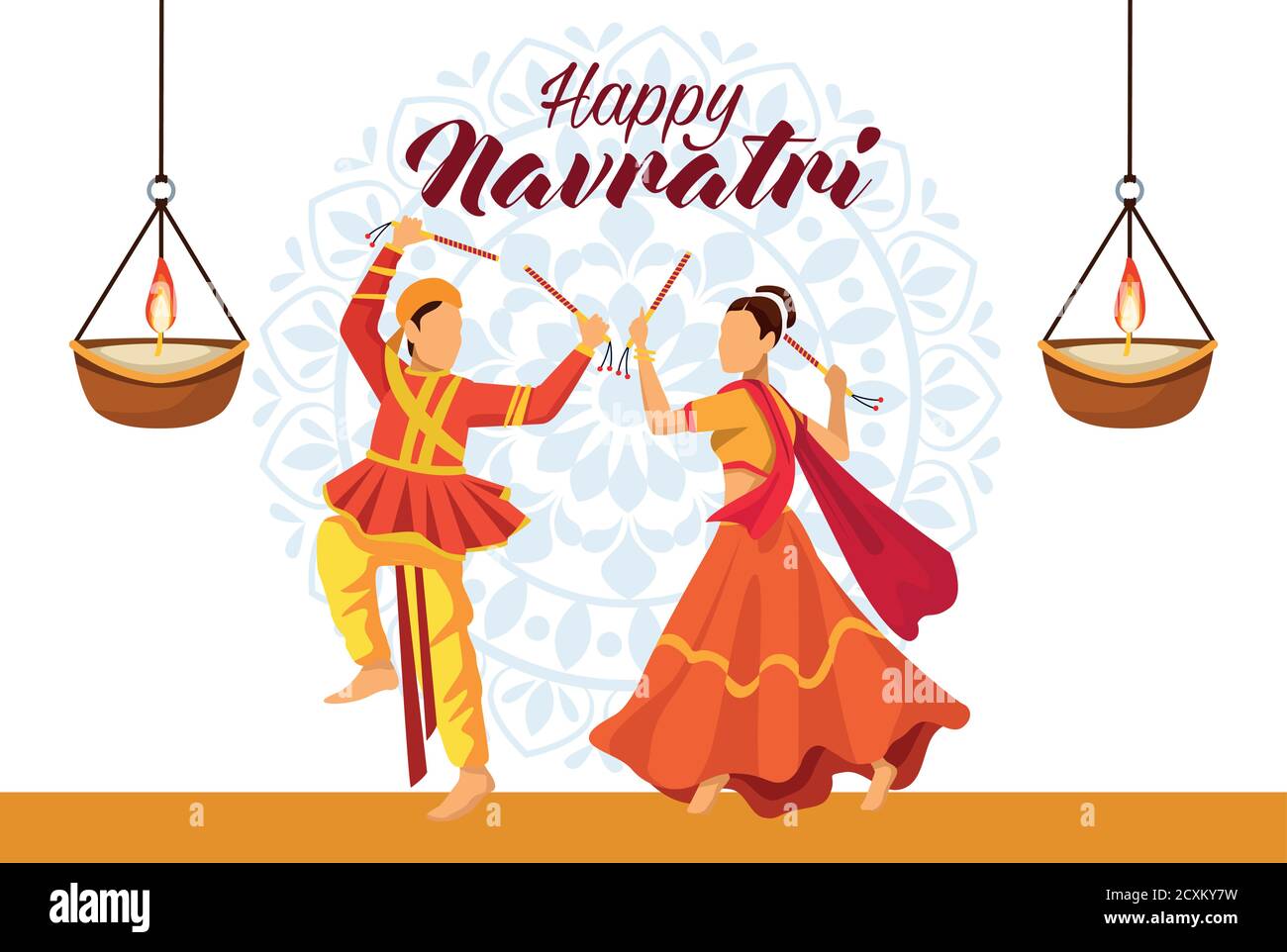 happy navratri celebration with dancers couple and candles vector ...