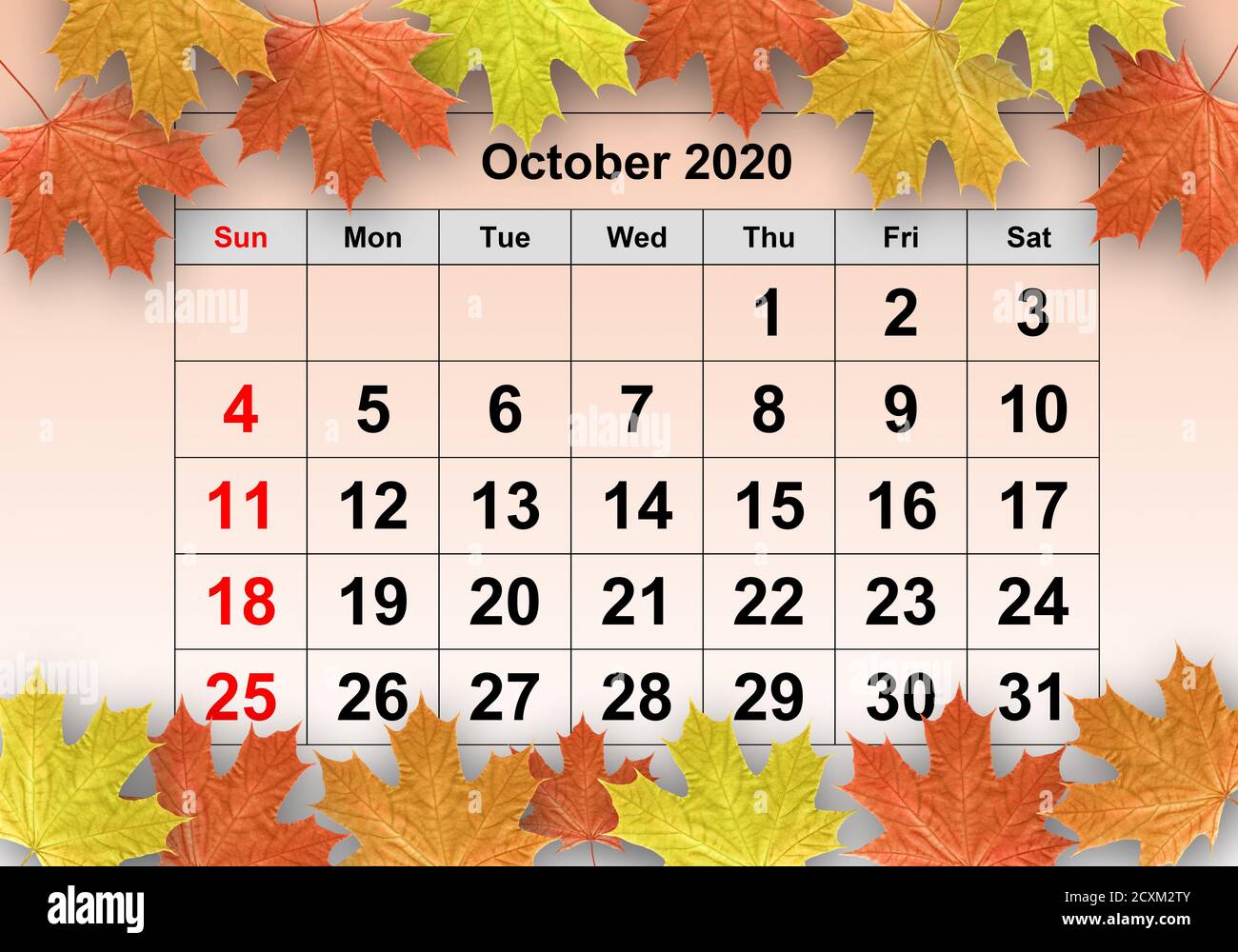 One page of the annual monthly calendar - month October 2020 with ...