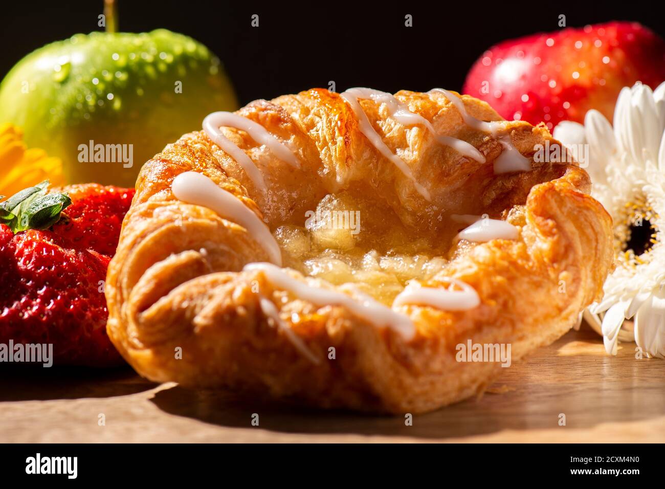 Detailed closeup macro photo of an Apple Danish Pastry, food background ...