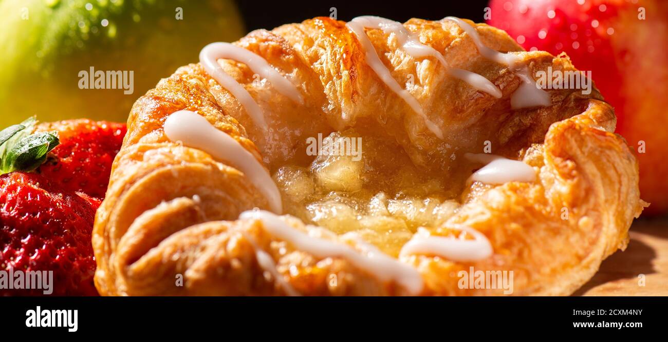 Detailed closeup macro photo of an Apple Danish Pastry, food background ...