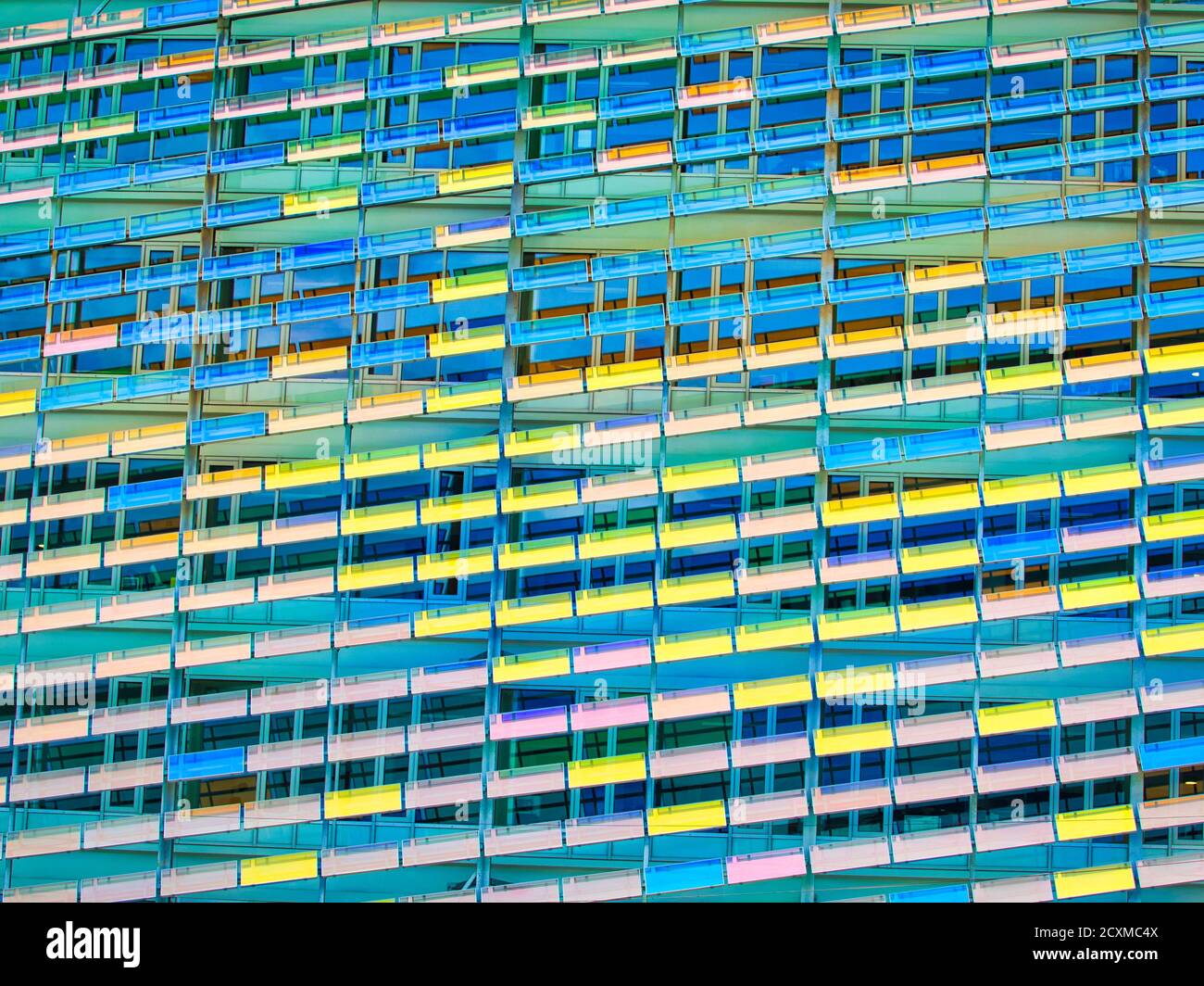 Details of colorful facade of a building with a vibrant rectangular ...