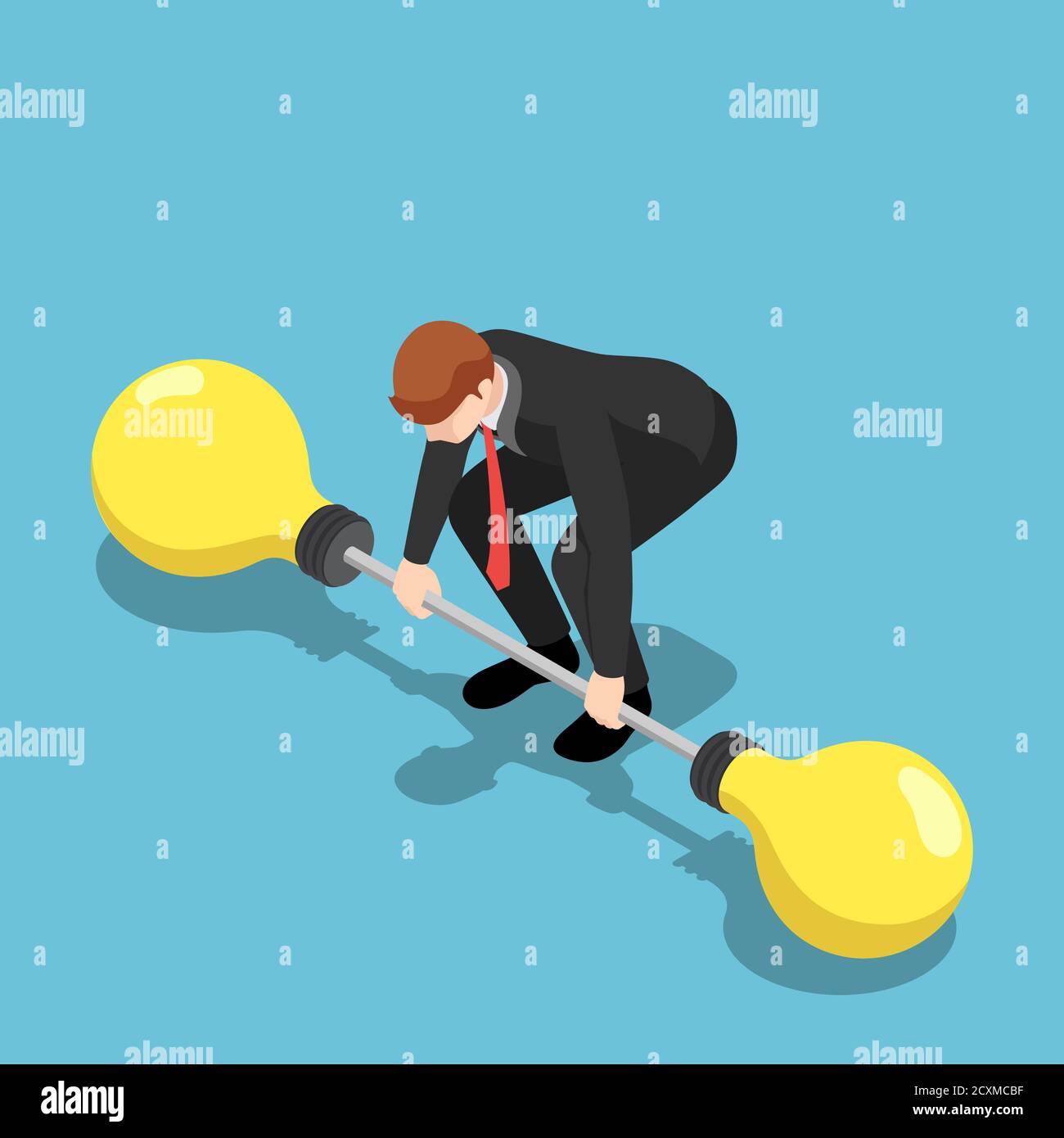 Flat 3d isometric businessman trying to lift idea barbell weight up ...