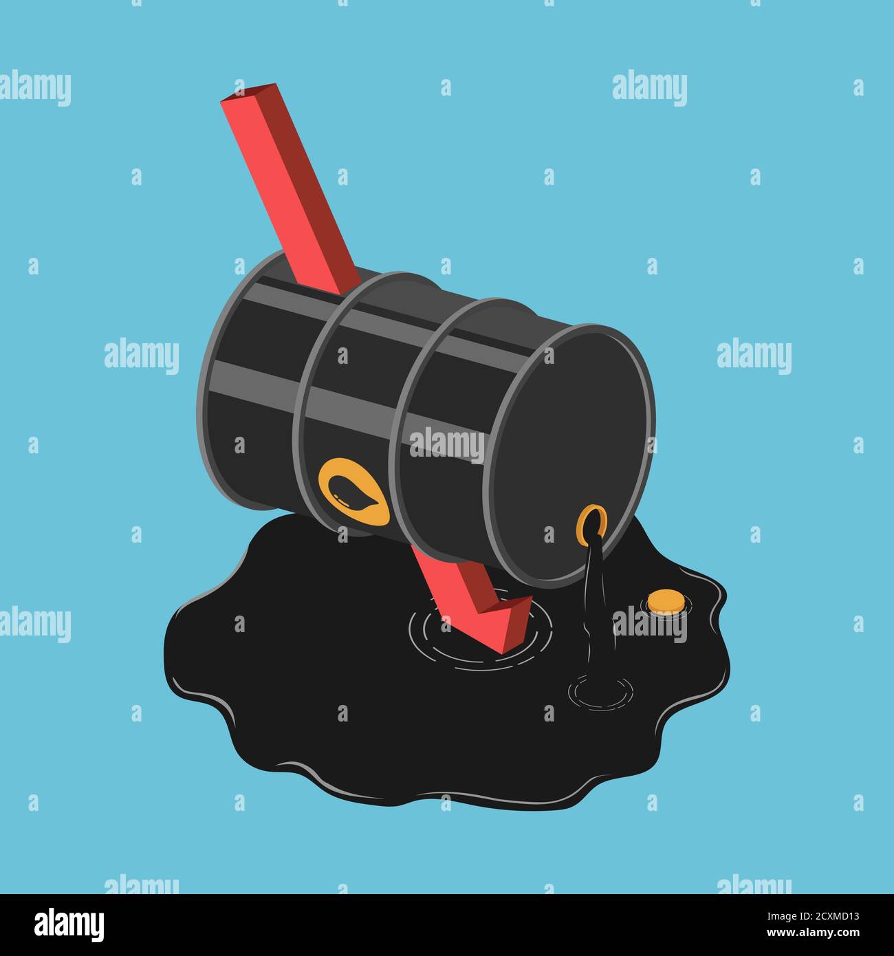 Flat 3d isometric falling red arrow piercing through oil barrel. Oil ...