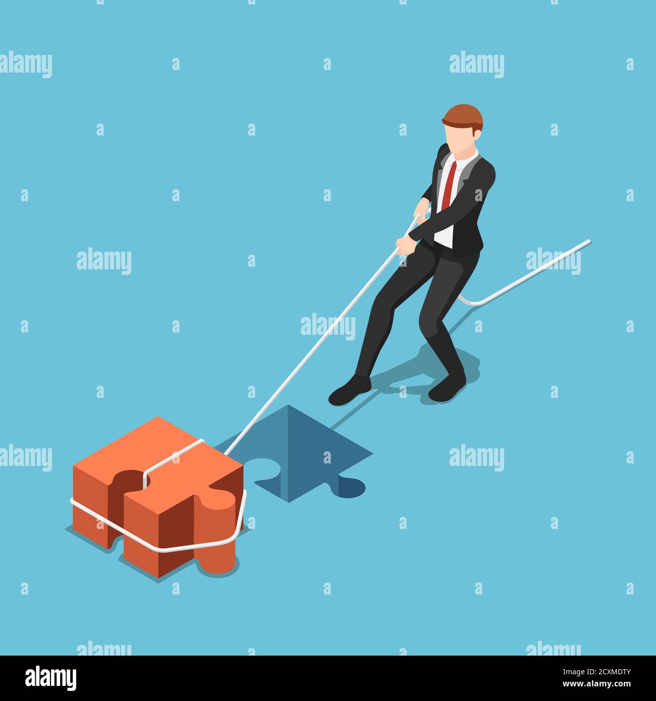 Flat 3d isometric businessman pull jigsaw block into compatible hole ...