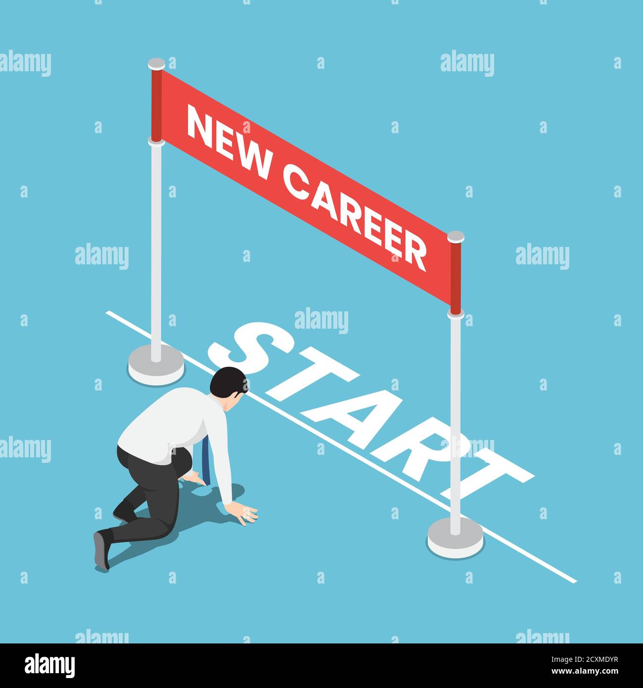 Flat 3d isometric businessman in starting position and ready to his new ...