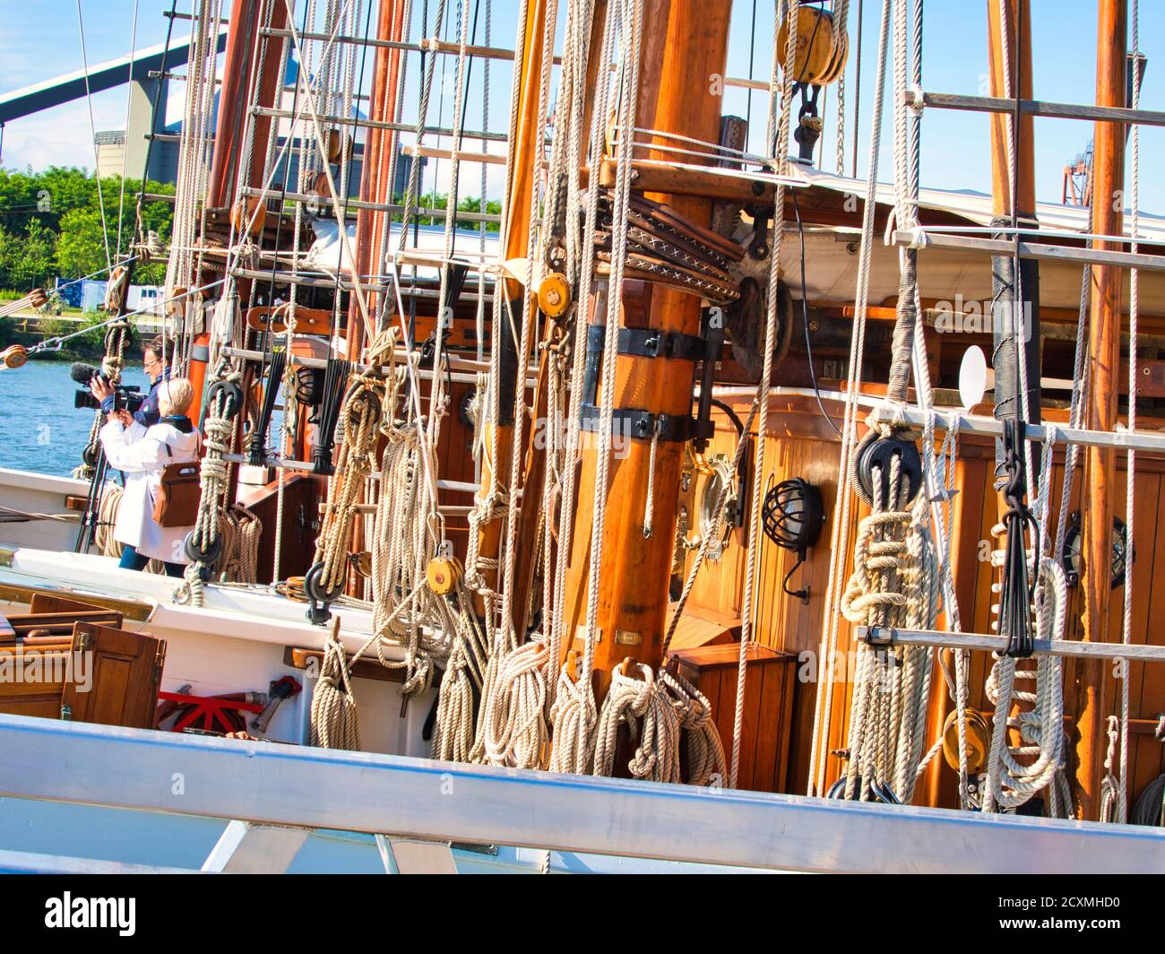 Nautical tackles and equipment of the old tall ship. Rigging ropes and ...