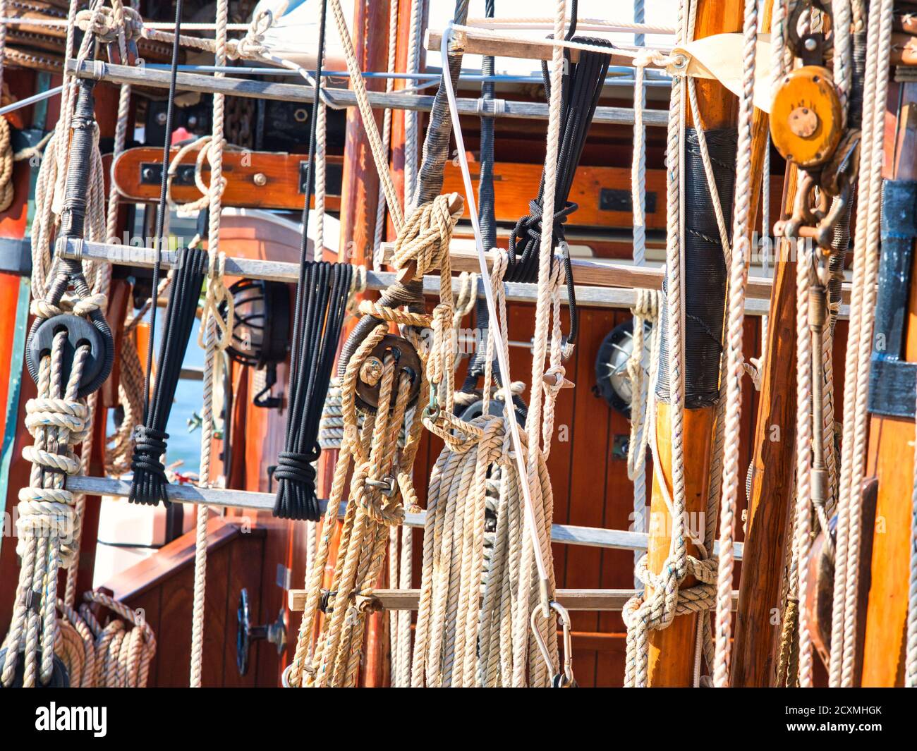 Nautical tackles and equipment of the old tall ship. Rigging ropes and ...