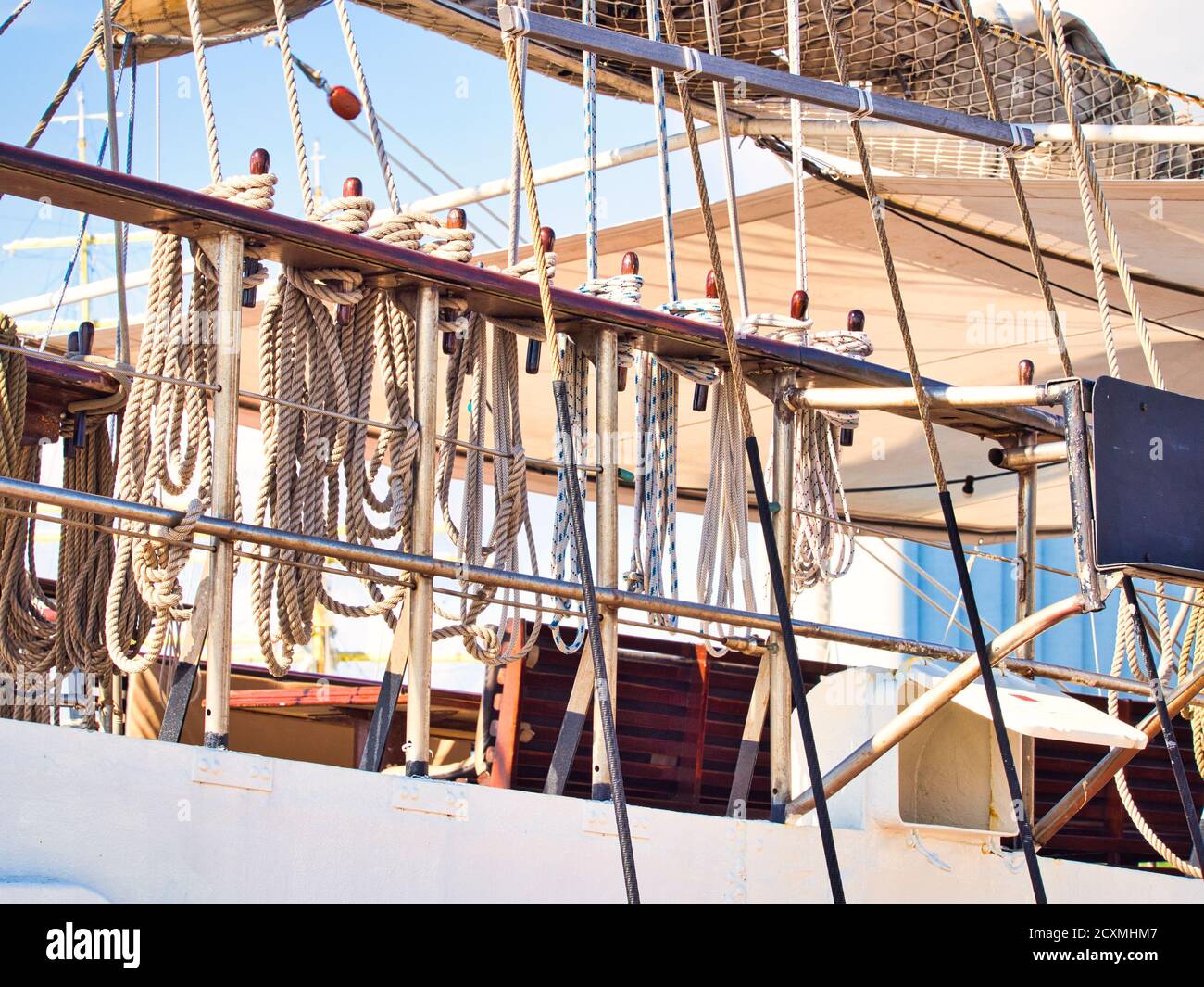 Nautical tackles and equipment of the old tall ship. Rigging ropes and ...
