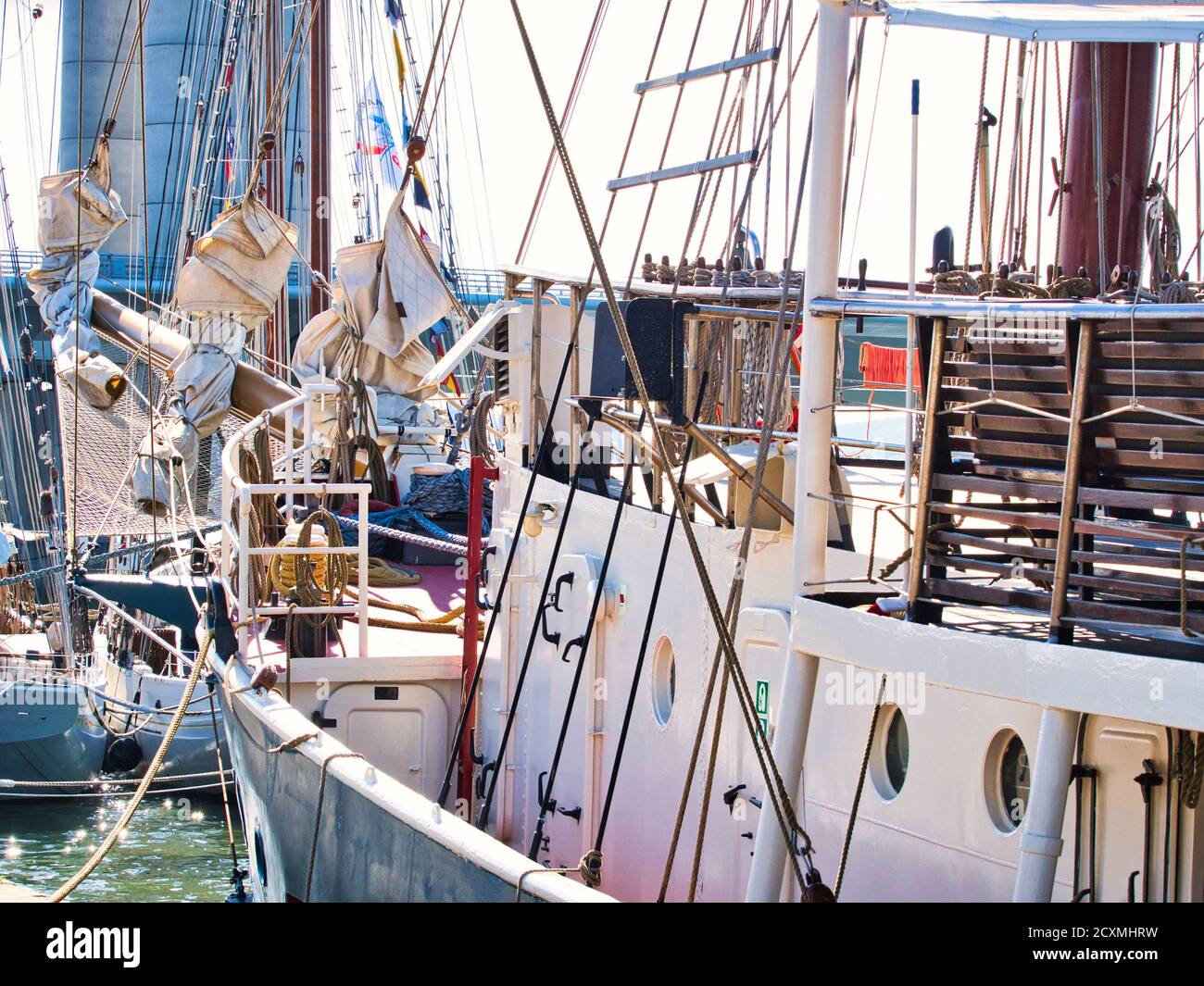 Nautical tackles and equipment of the old tall ship. Rigging ropes and ...