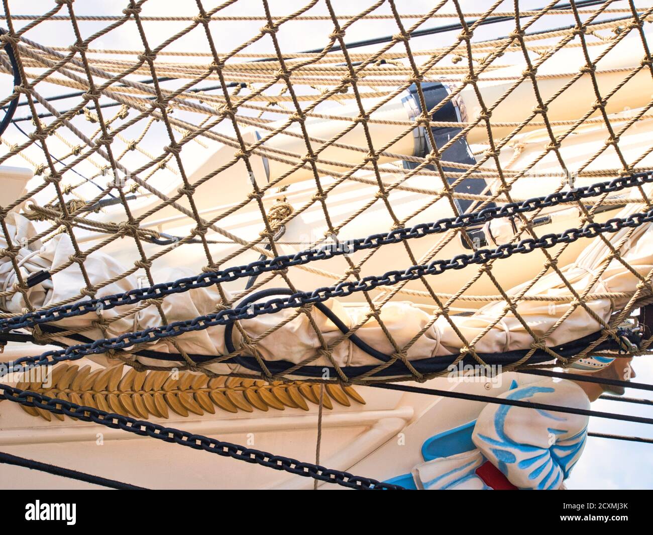 Nautical tackles and equipment of the old tall ship. Rigging ropes and ...
