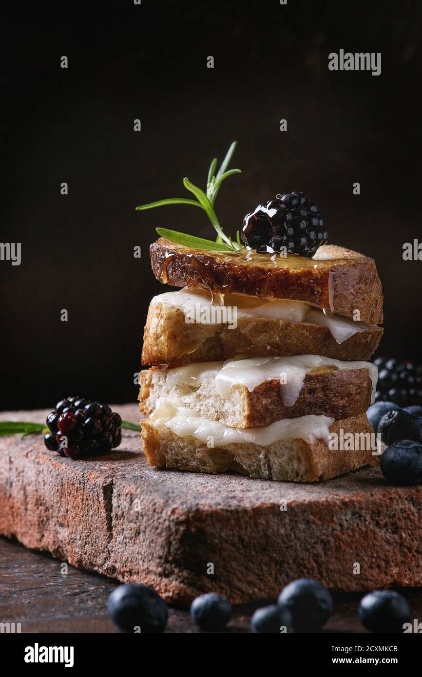 Grilled sandwich with melted goat cheese, blackberry, blueberry ...
