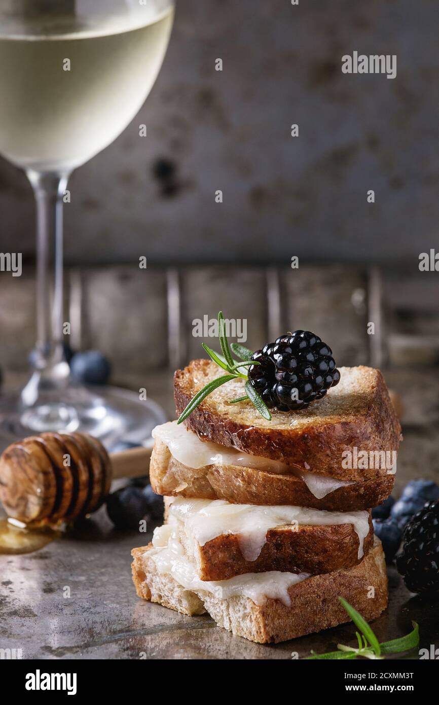 Grilled sandwich with melted goat cheese, blackberry, blueberry ...