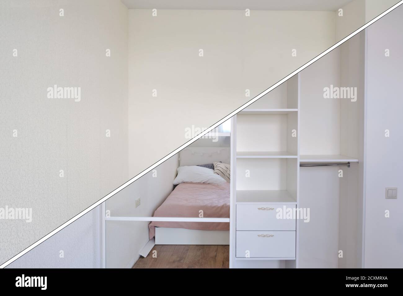 Before and after cabinet installation, diagonal separation Stock Photo ...