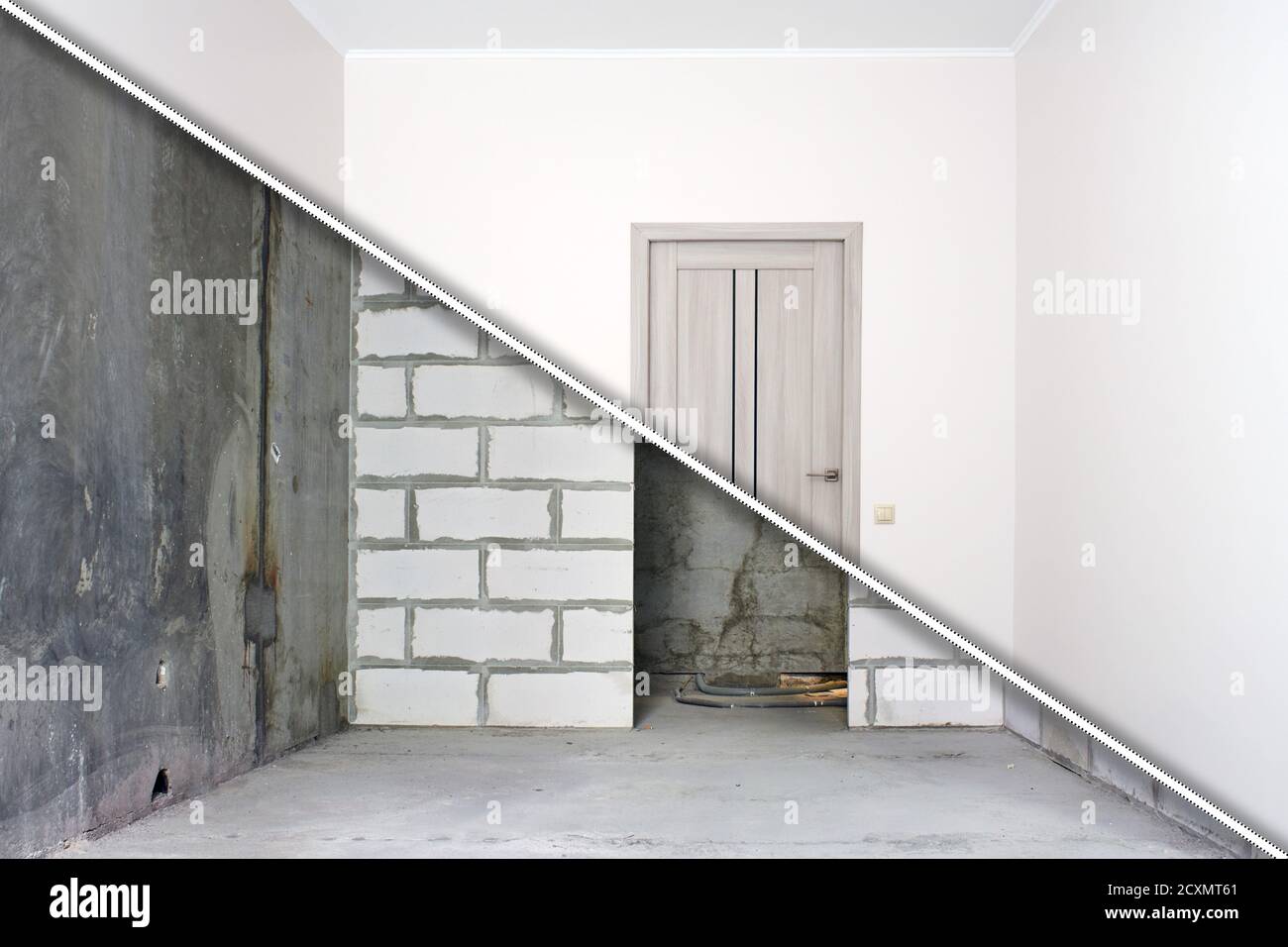 Room with unfinished walls and a room after repair. Before and after ...