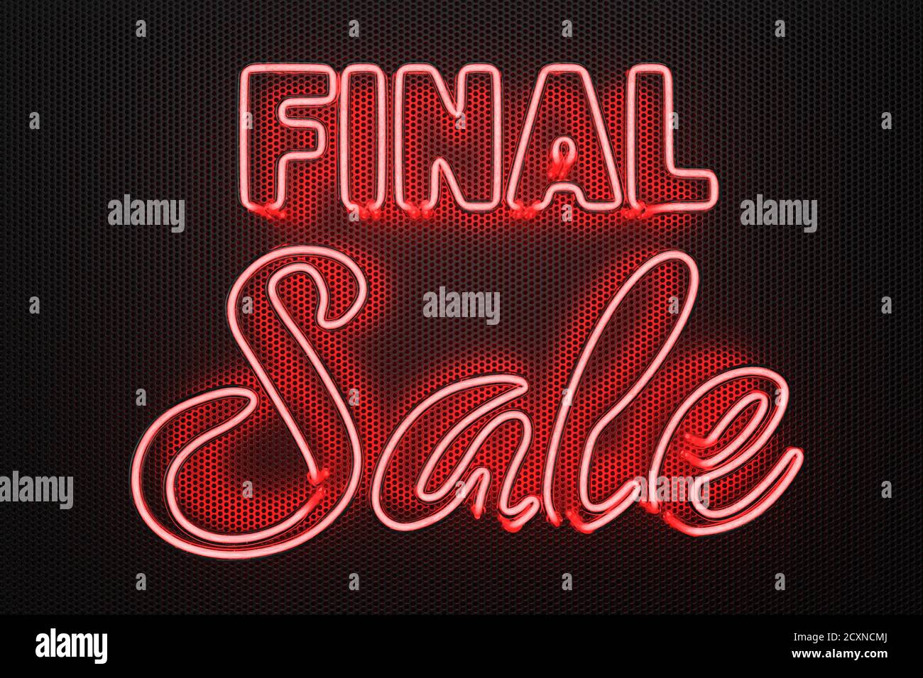 Final sale sign with red neon light on a perforated black metal ...