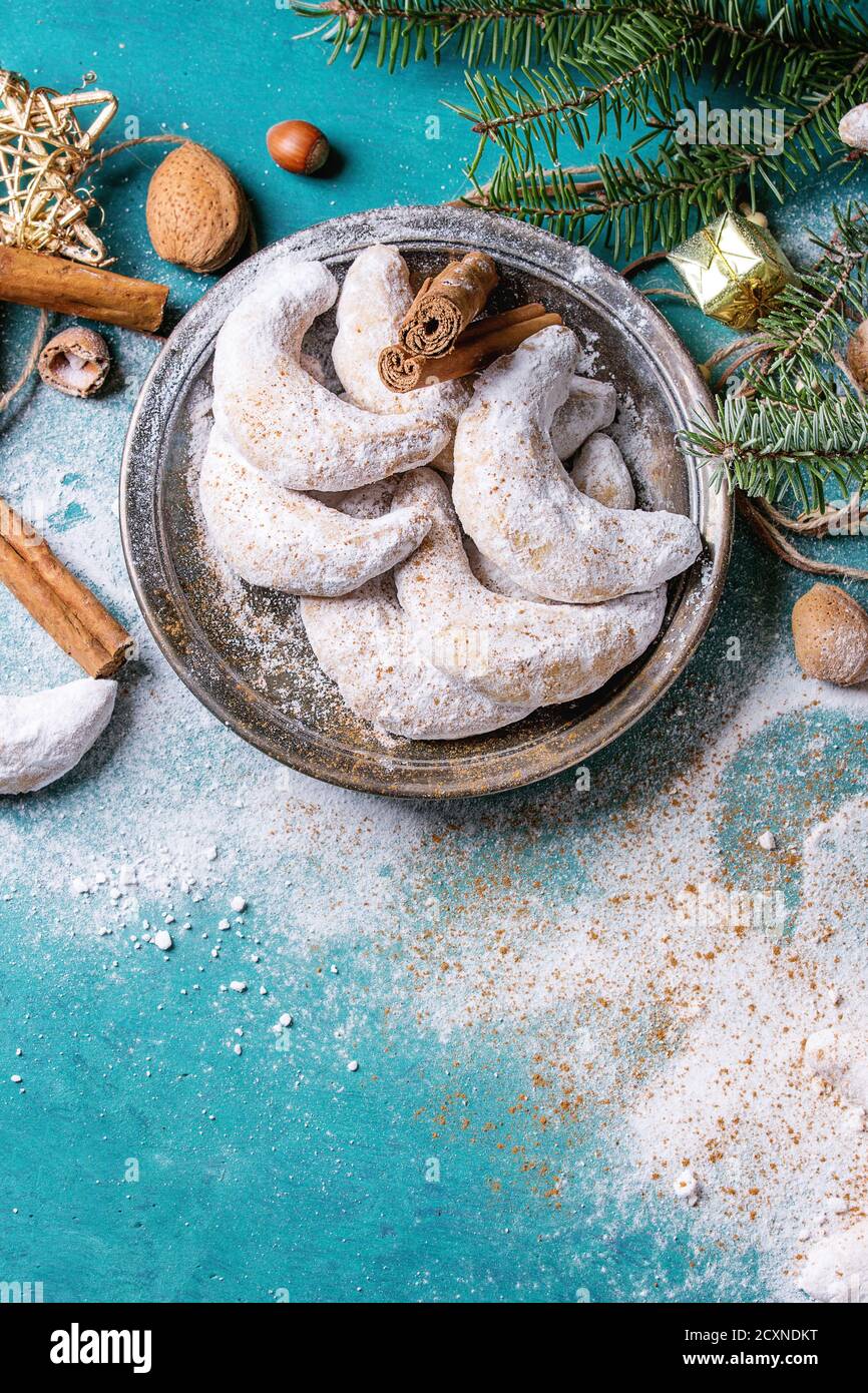 Homemade Christmas nuts cookies crescent with sugar powder in holiday ...