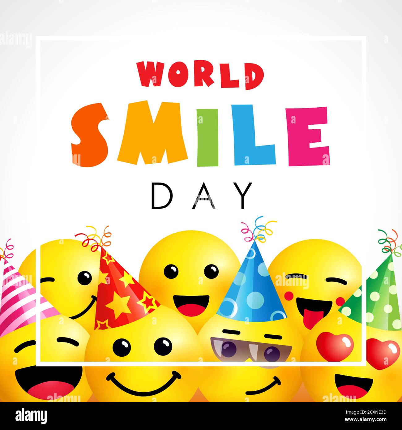 World Smile Day with emoji icons. Happy smiling icon and colored text ...