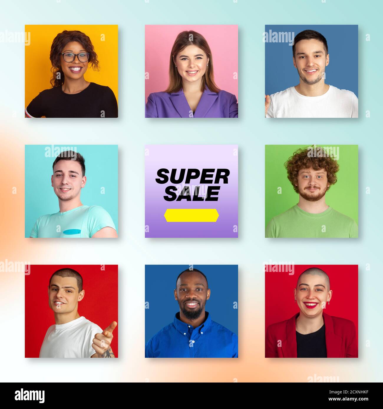 Bright portrait of people on multicolored background. Collage made of 8 ...