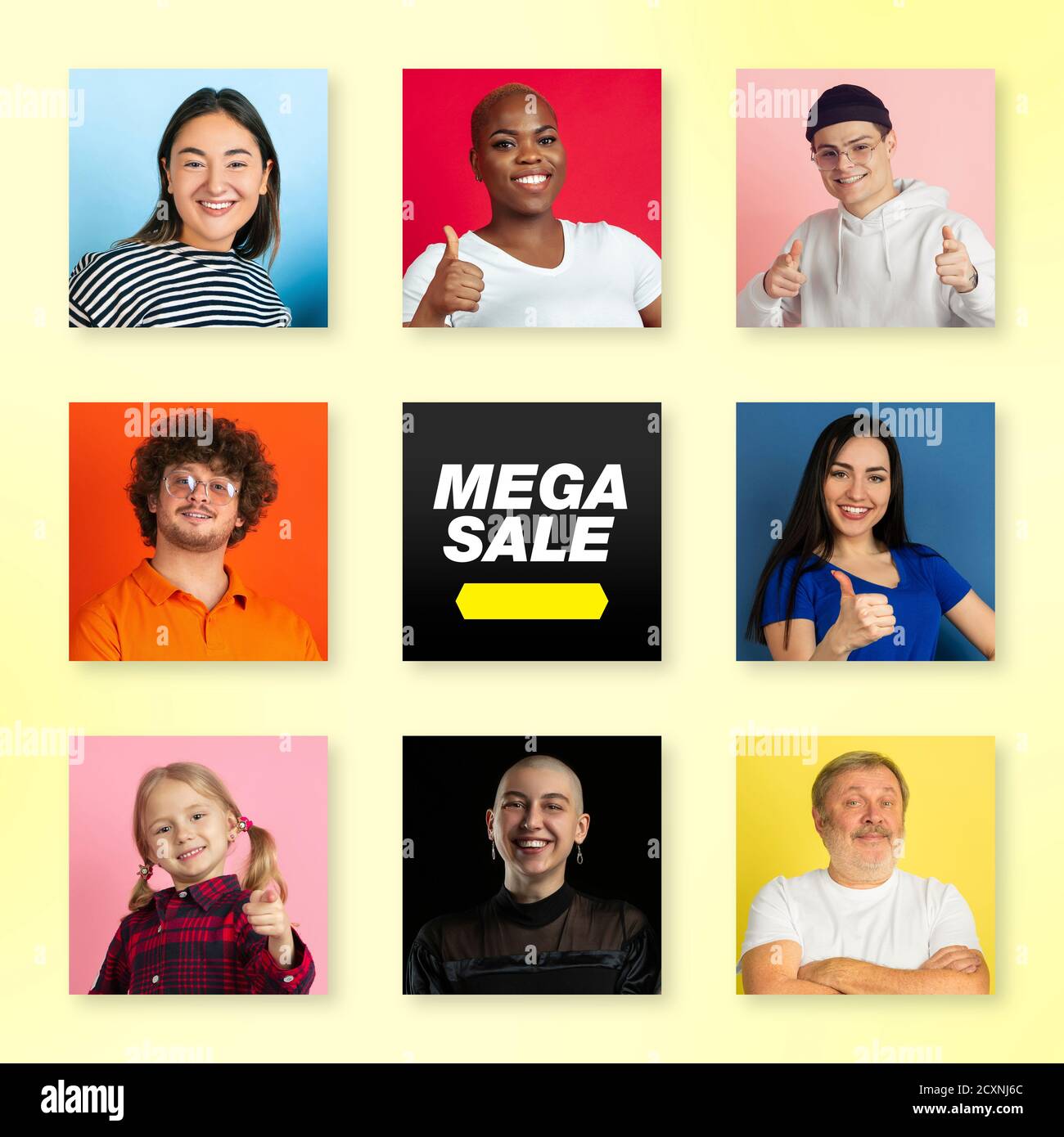 Bright portrait of people on multicolored background. Collage made of 8 ...