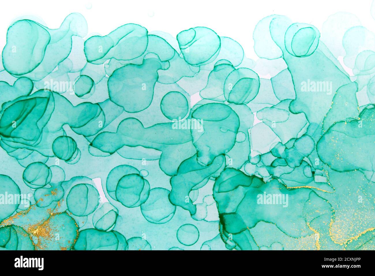 Alcohol ink green and gold abstract background. Bubble watercolor ...