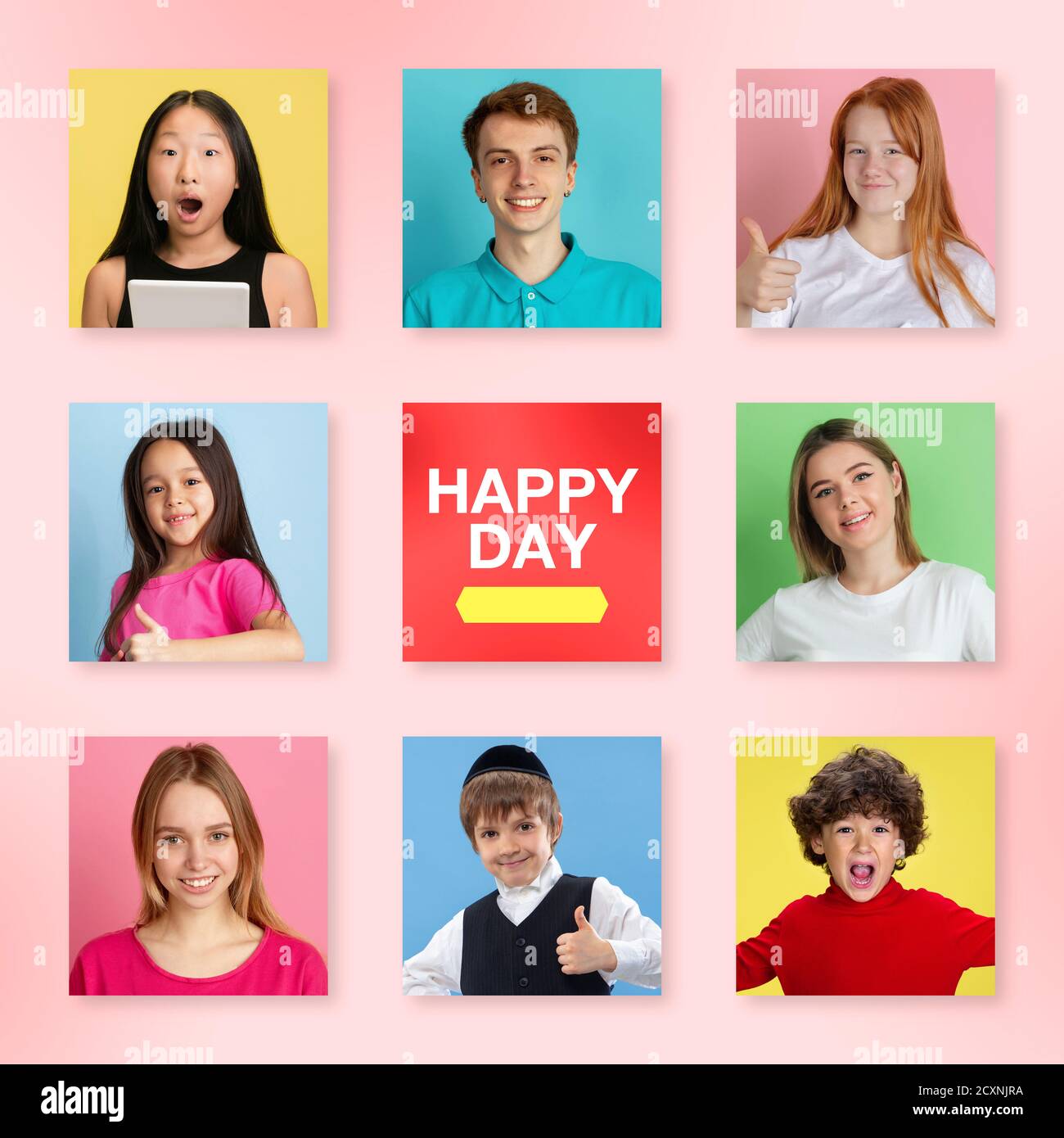 Bright portrait of people on multicolored background. Collage made of 8 ...