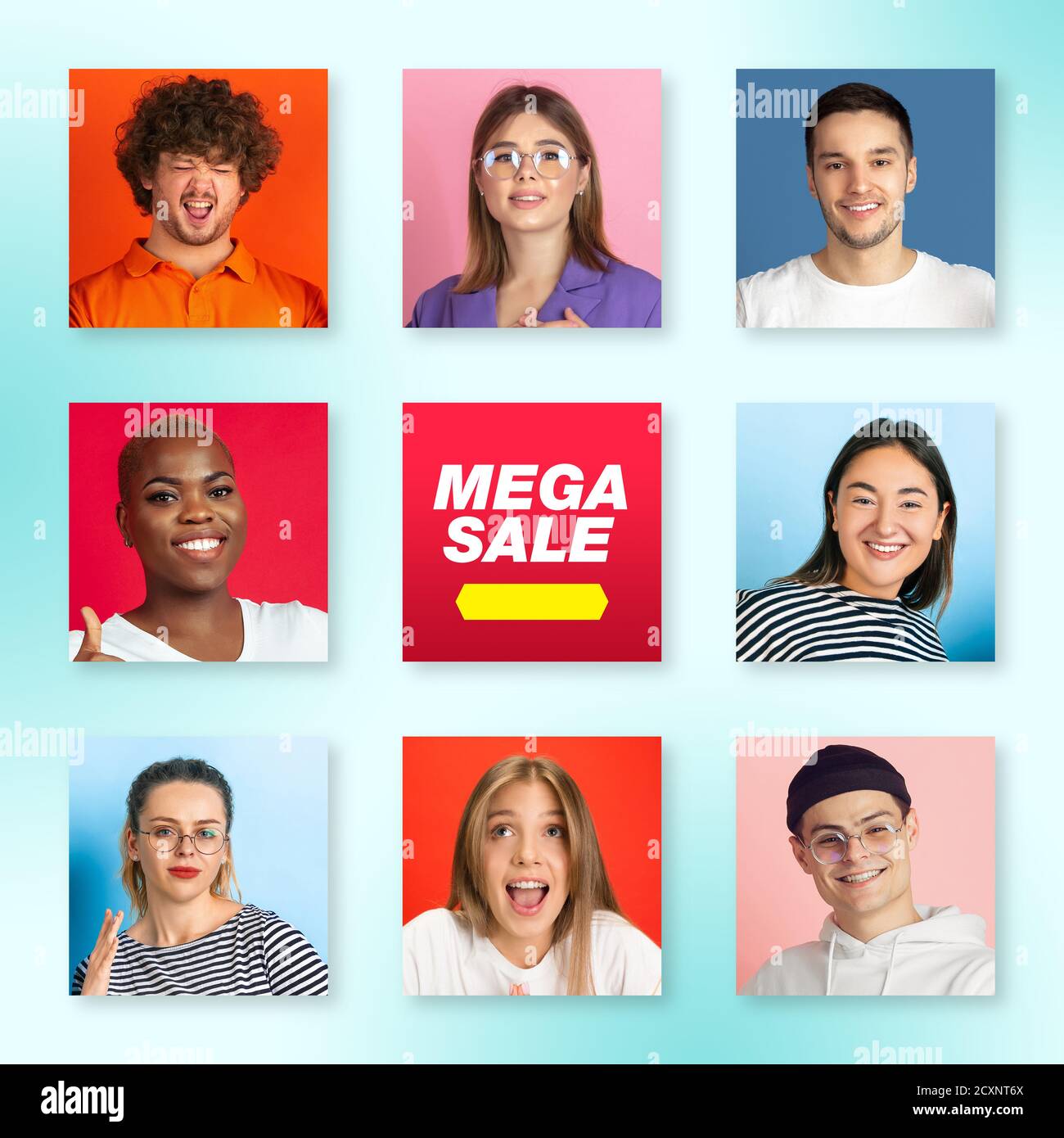 Bright portrait of people on multicolored background. Collage made of 8 ...