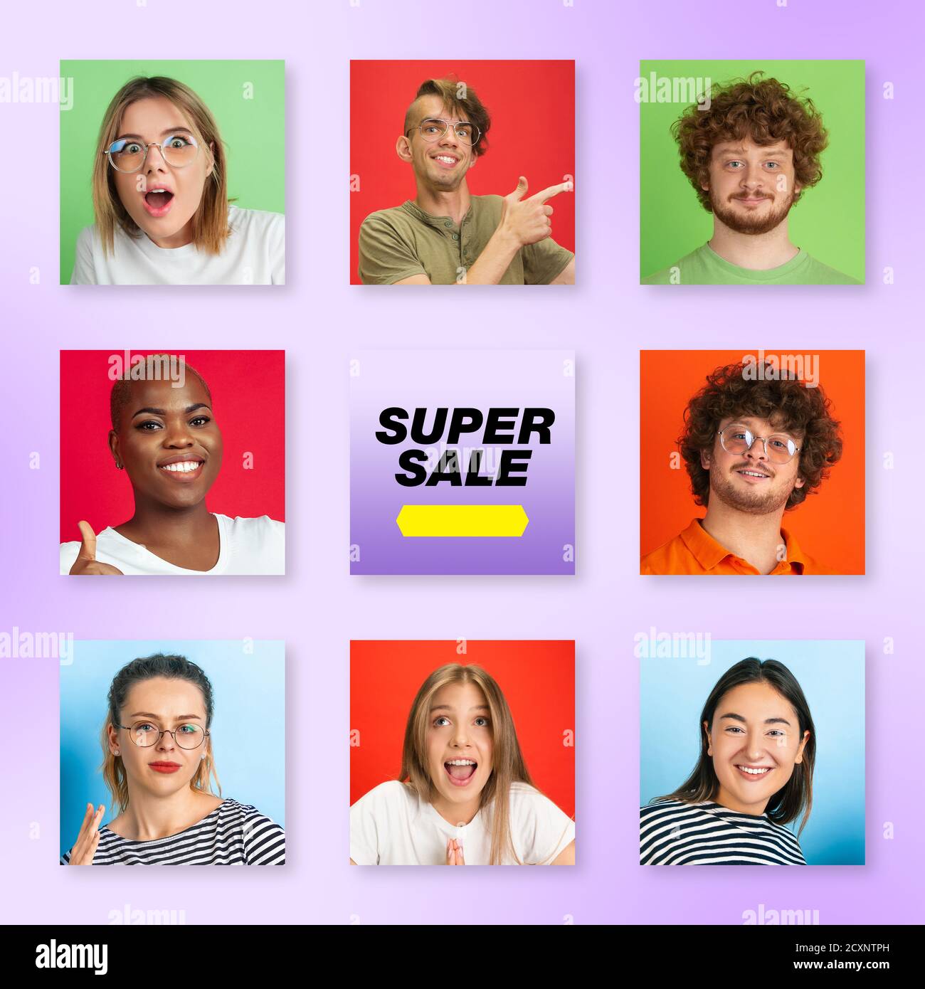 Bright portrait of people on multicolored background. Collage made of 7 ...