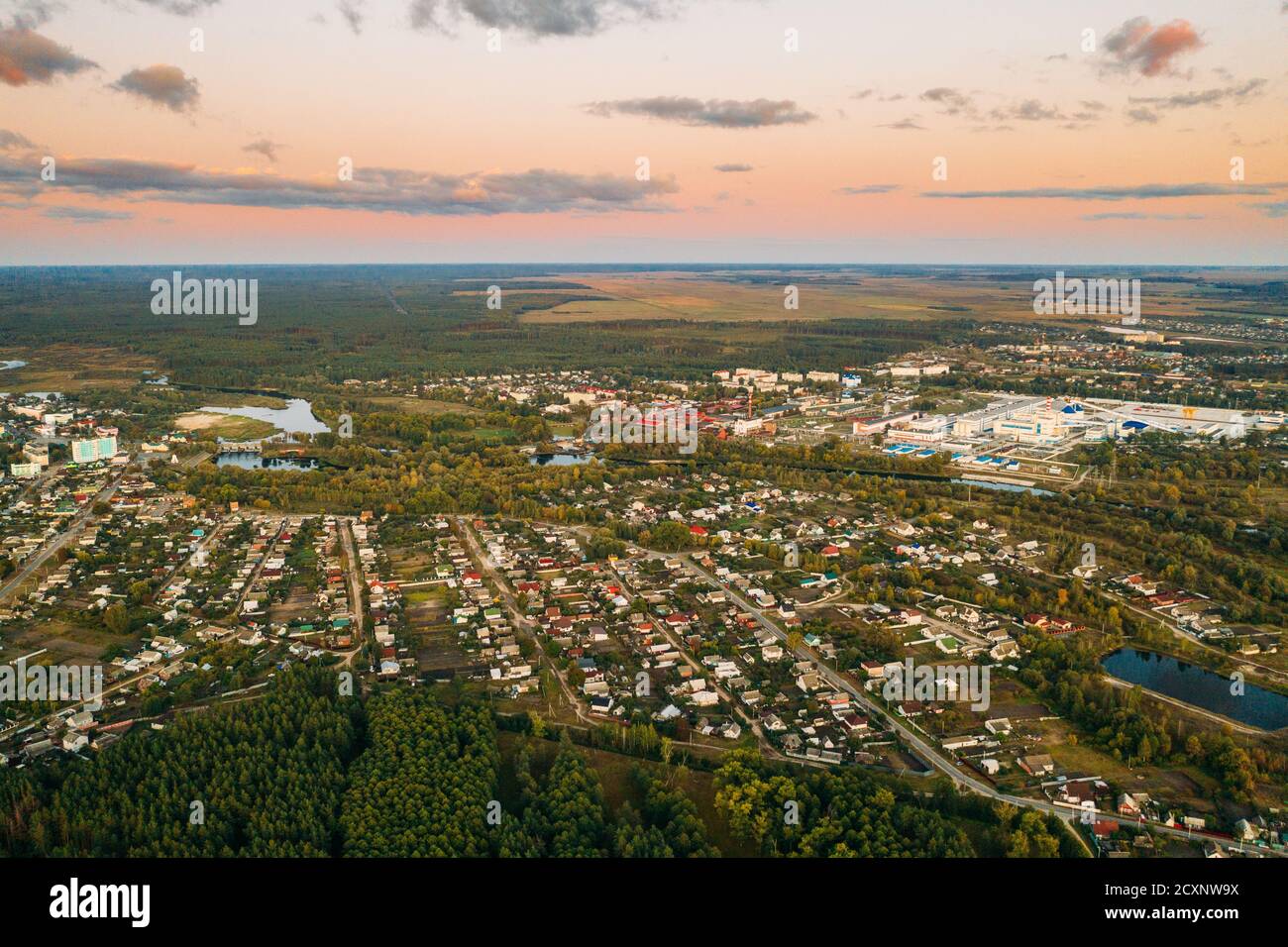 Dobrush, Gomel Region, Belarus. Aerial View Of Old And Modern Paper ...