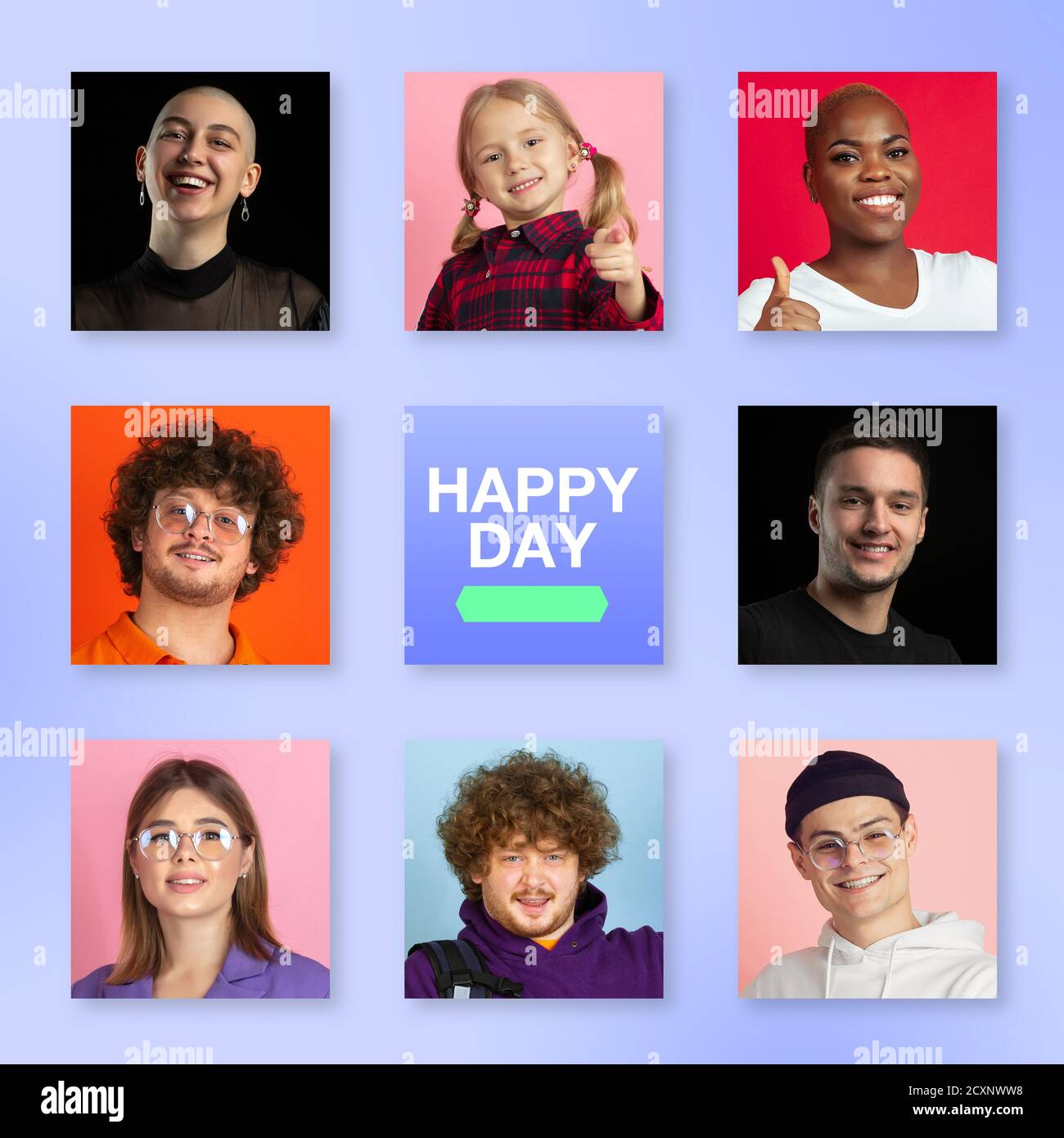 Bright portrait of people on multicolored background. Collage made of 7 ...