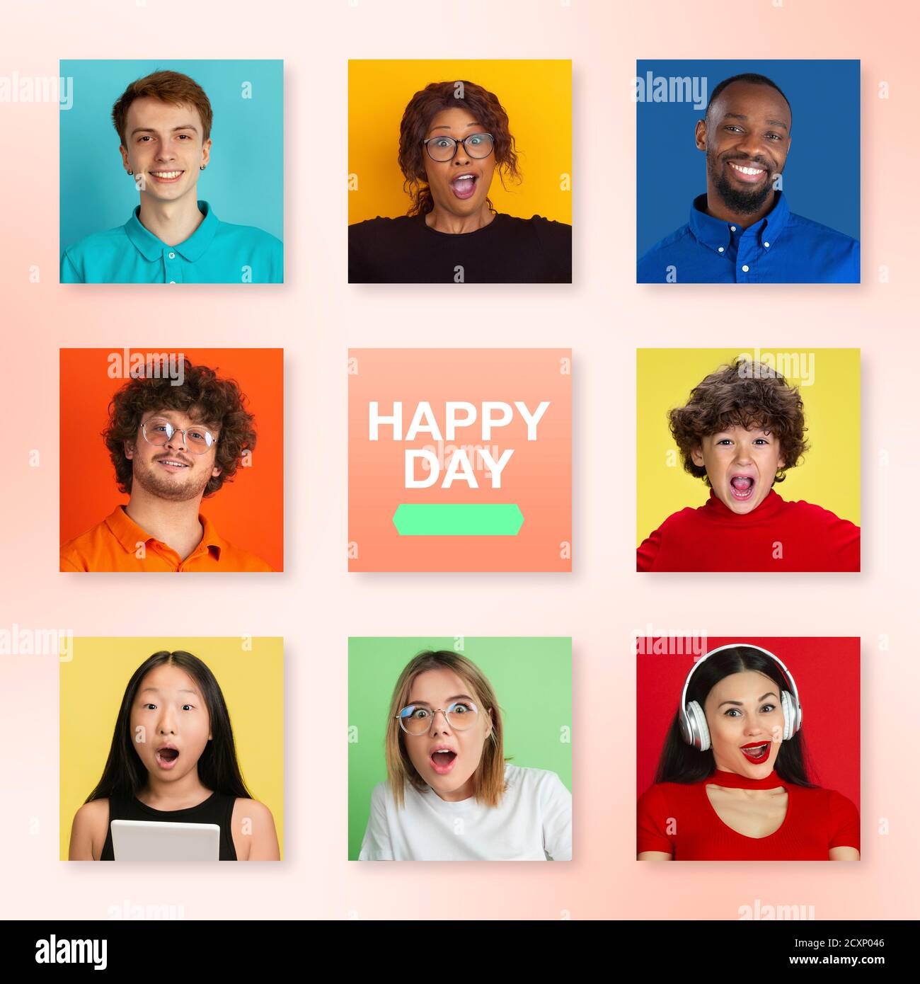 Bright portrait of people on multicolored background. Collage made of 8 ...