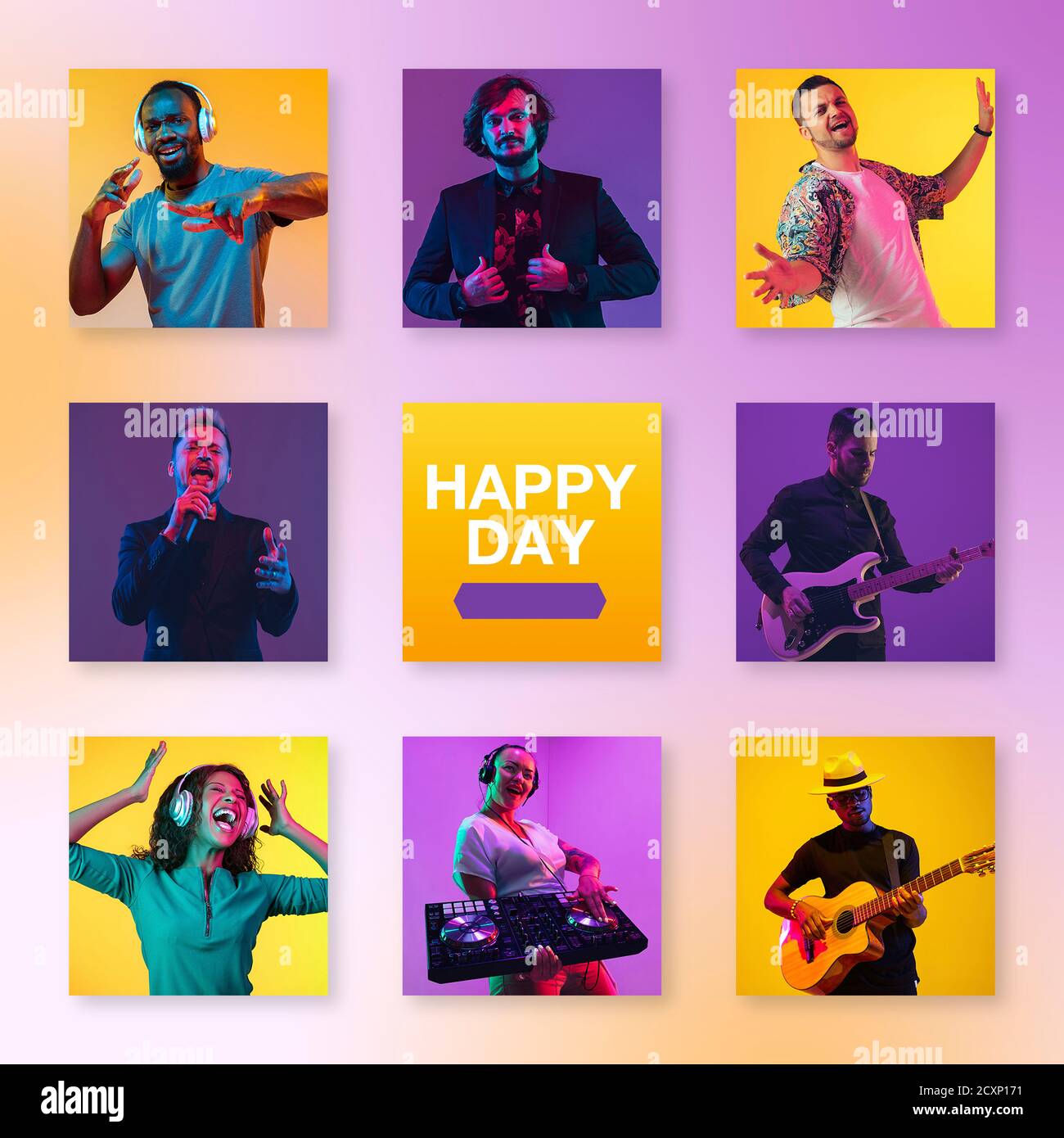 Bright portrait of people on multicolored background. Collage made of 8 ...