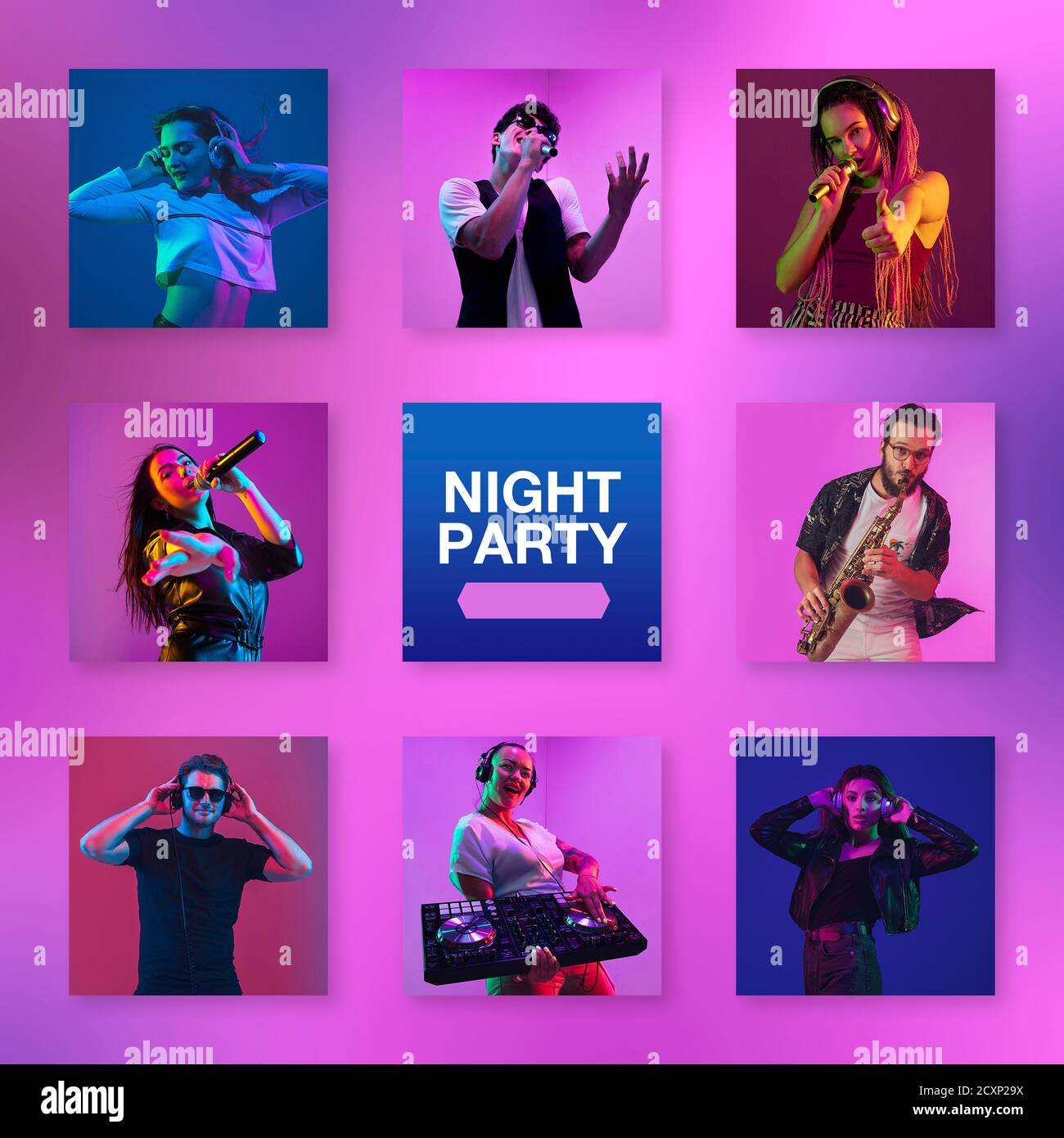 Bright portrait of people on multicolored background. Collage made of 8 ...