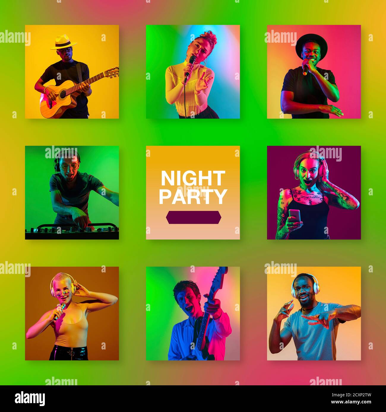 Bright portrait of people on multicolored background. Collage made of 8 ...