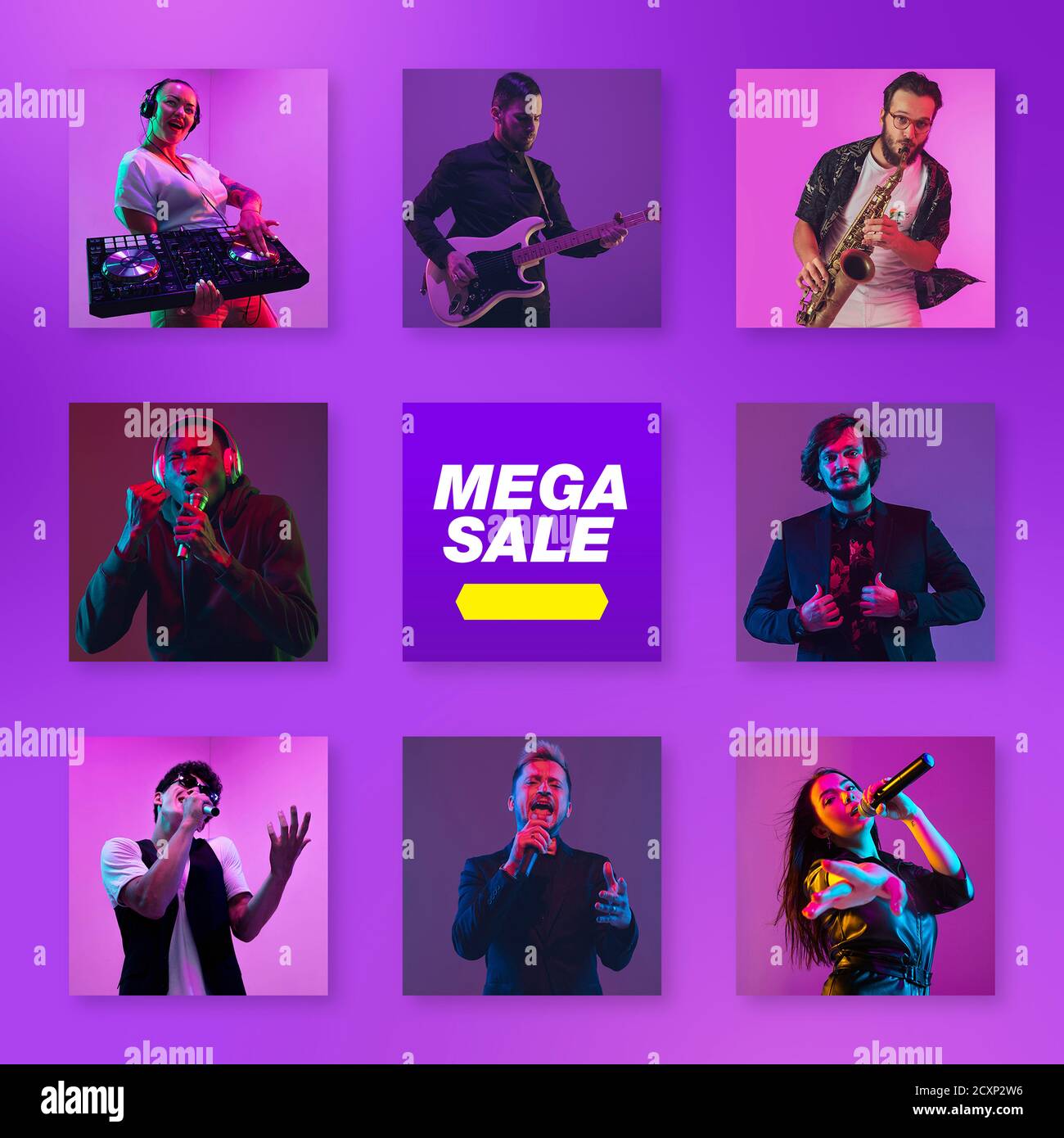 Bright portrait of people on multicolored background. Collage made of 8 ...