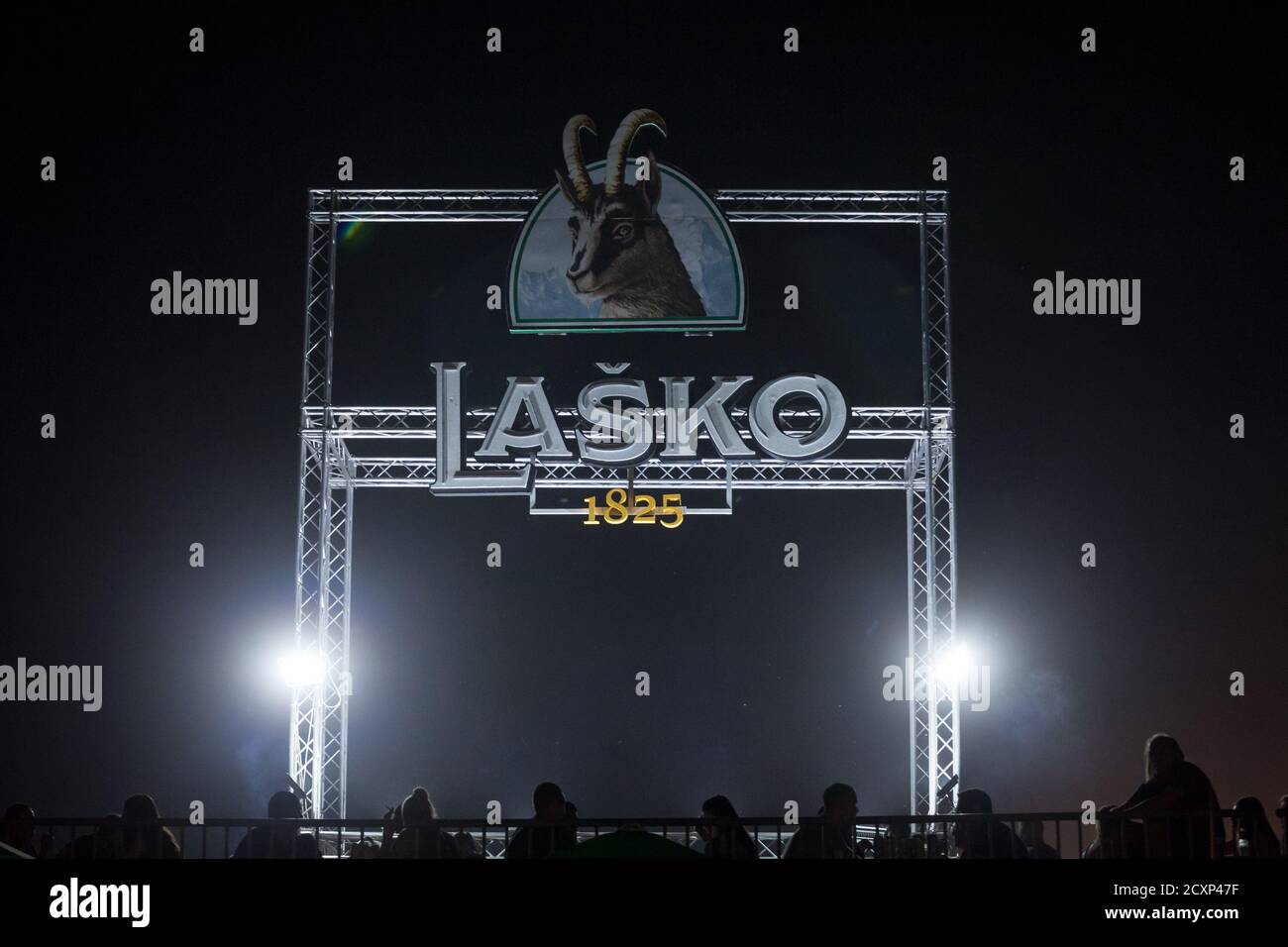 BELGRADE, SERBIA - AUGUST 17, 2018: Giant logo of Lasko Pivo Beer on a ...