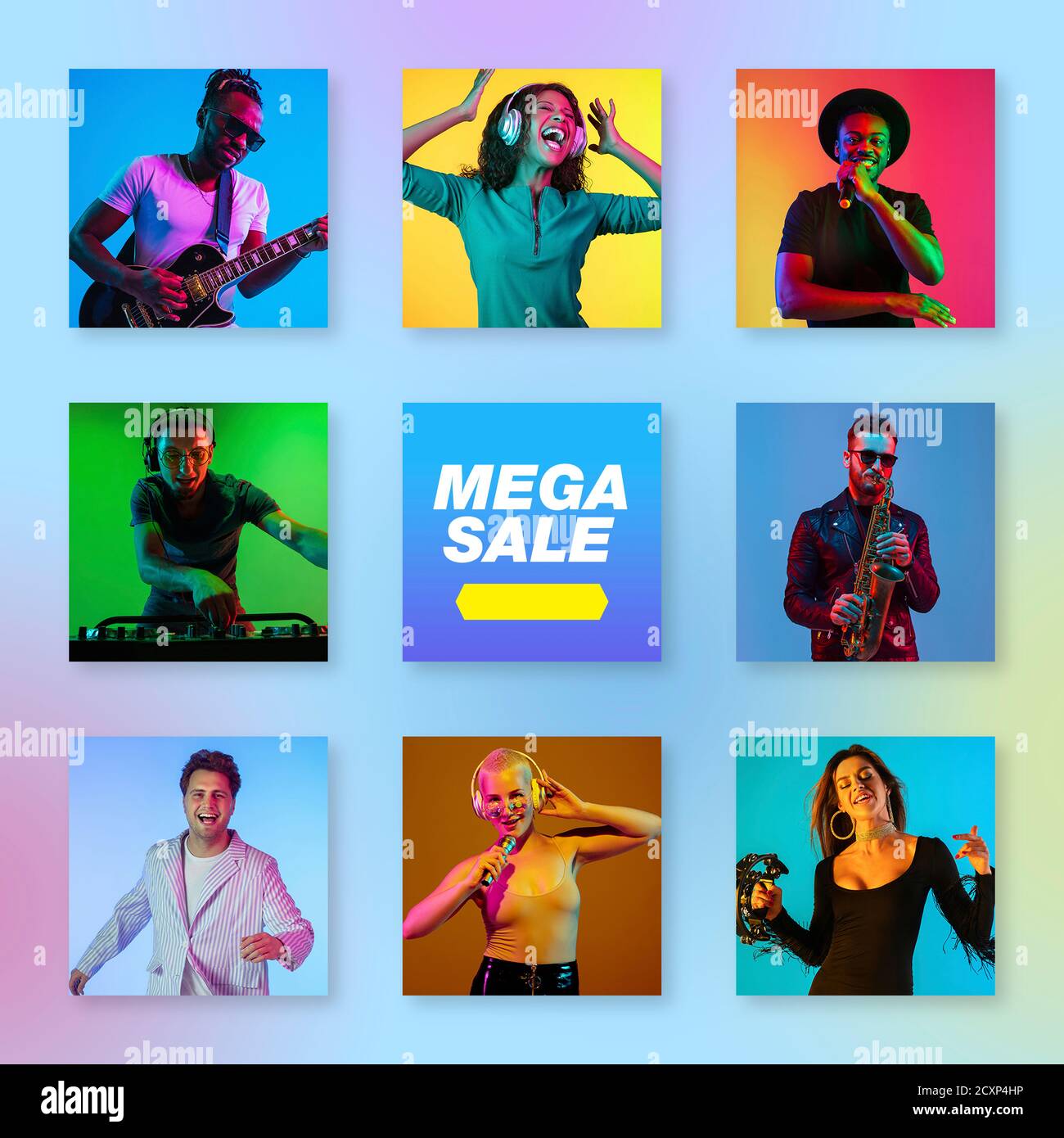 Bright portrait of people on multicolored background. Collage made of 8 ...