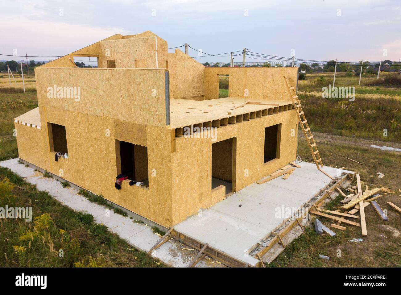 Construction of new and modern modular house. Walls made from composite ...