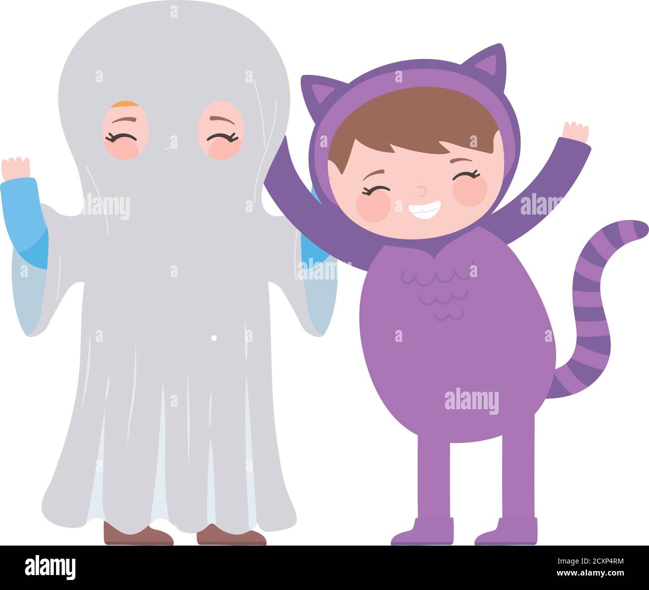 happy halloween, childrens with ghost and cat costumes cartoon vector ...