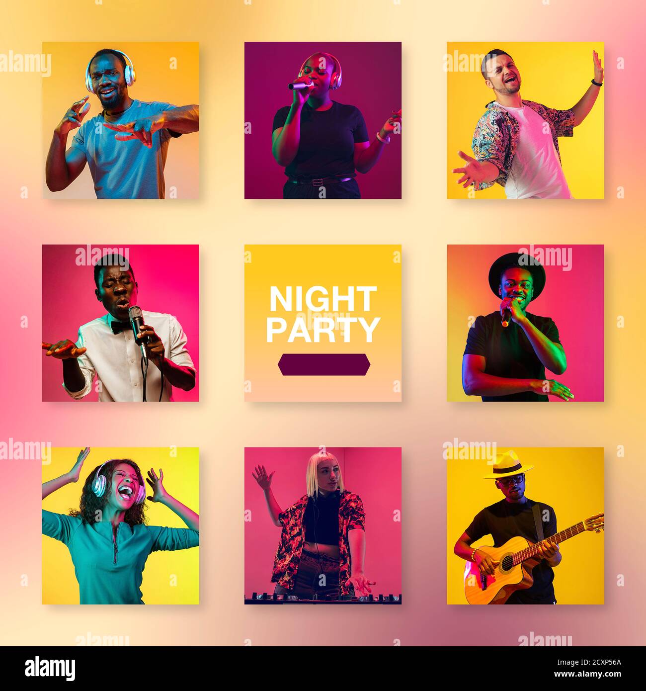 Bright portrait of people on multicolored background. Collage made of 8 ...