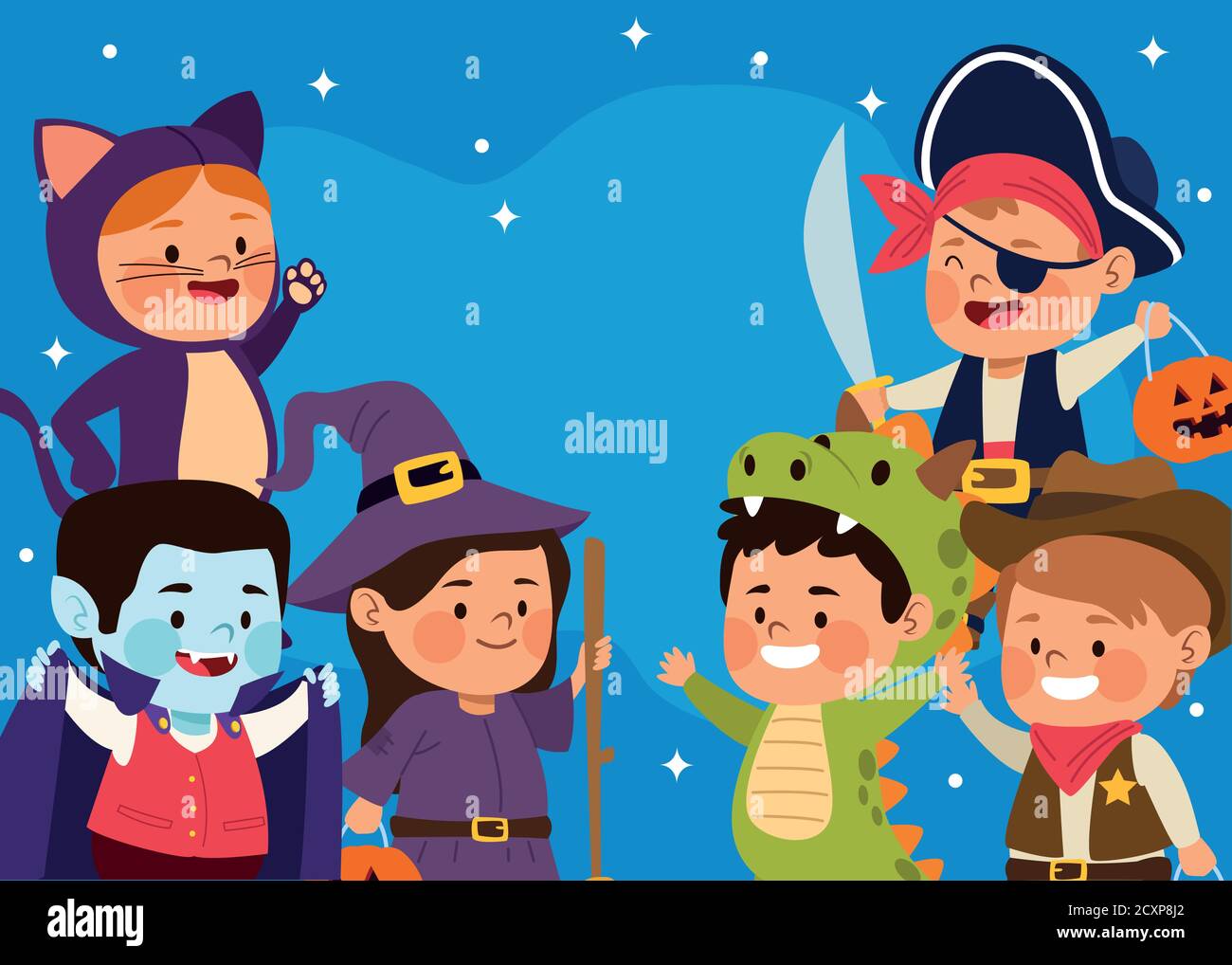cute little kids dressed as a differents characters at night scene ...