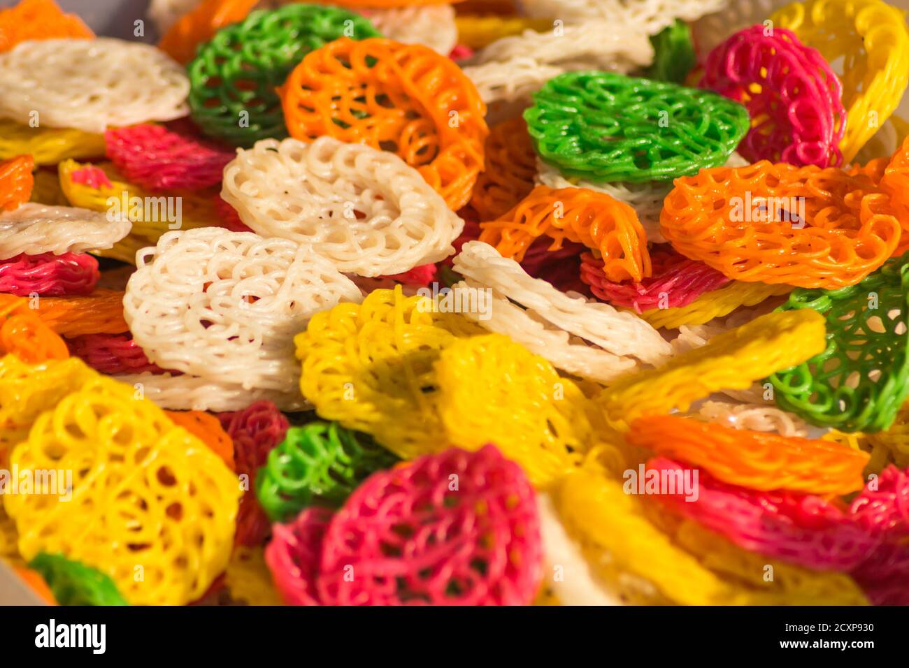 Chinese and Asian food on the market, rice, chips, noodles, sweets ...