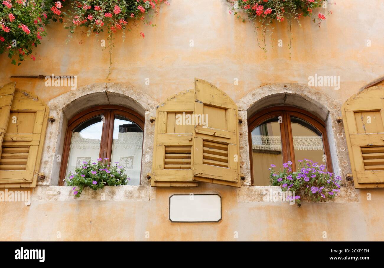 Close-up of the exterior of an urban historic building decorated with ...
