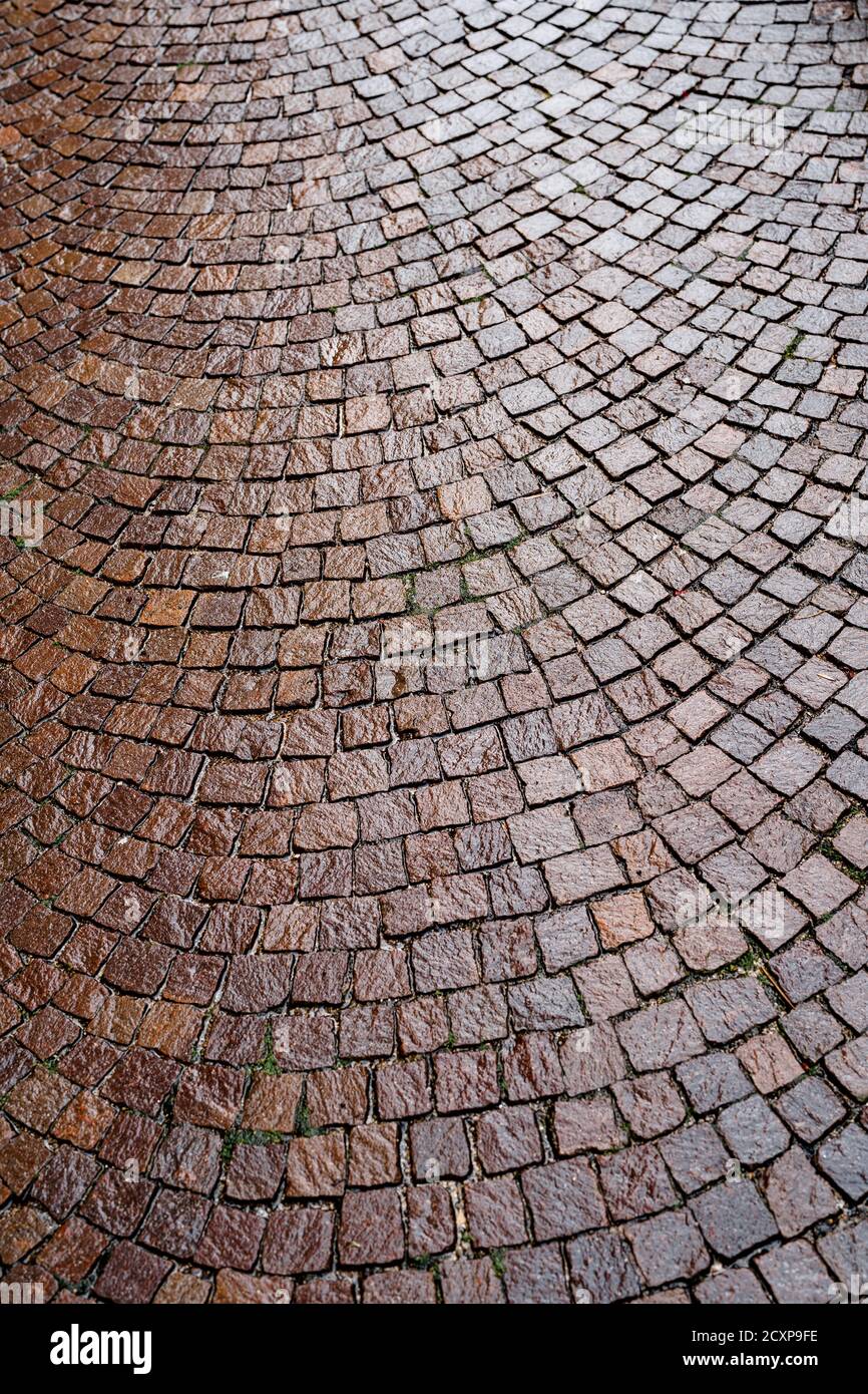 The texture of a brown cobblestone street wet from the rain Stock Photo ...