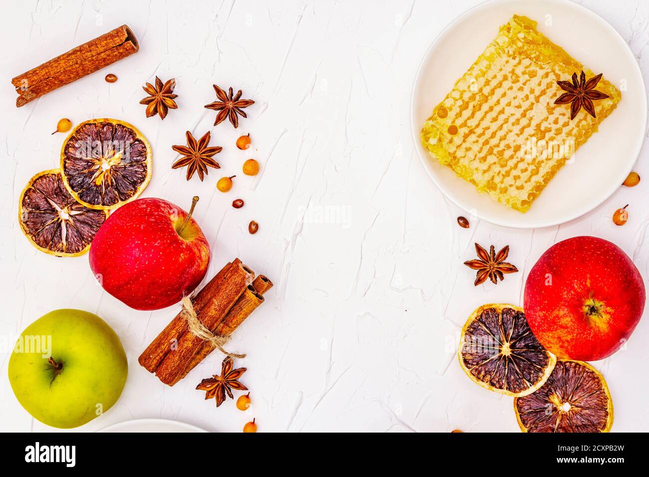 Apple pie baking concept. Ripe apples, fresh honey, fragrant spices and ...