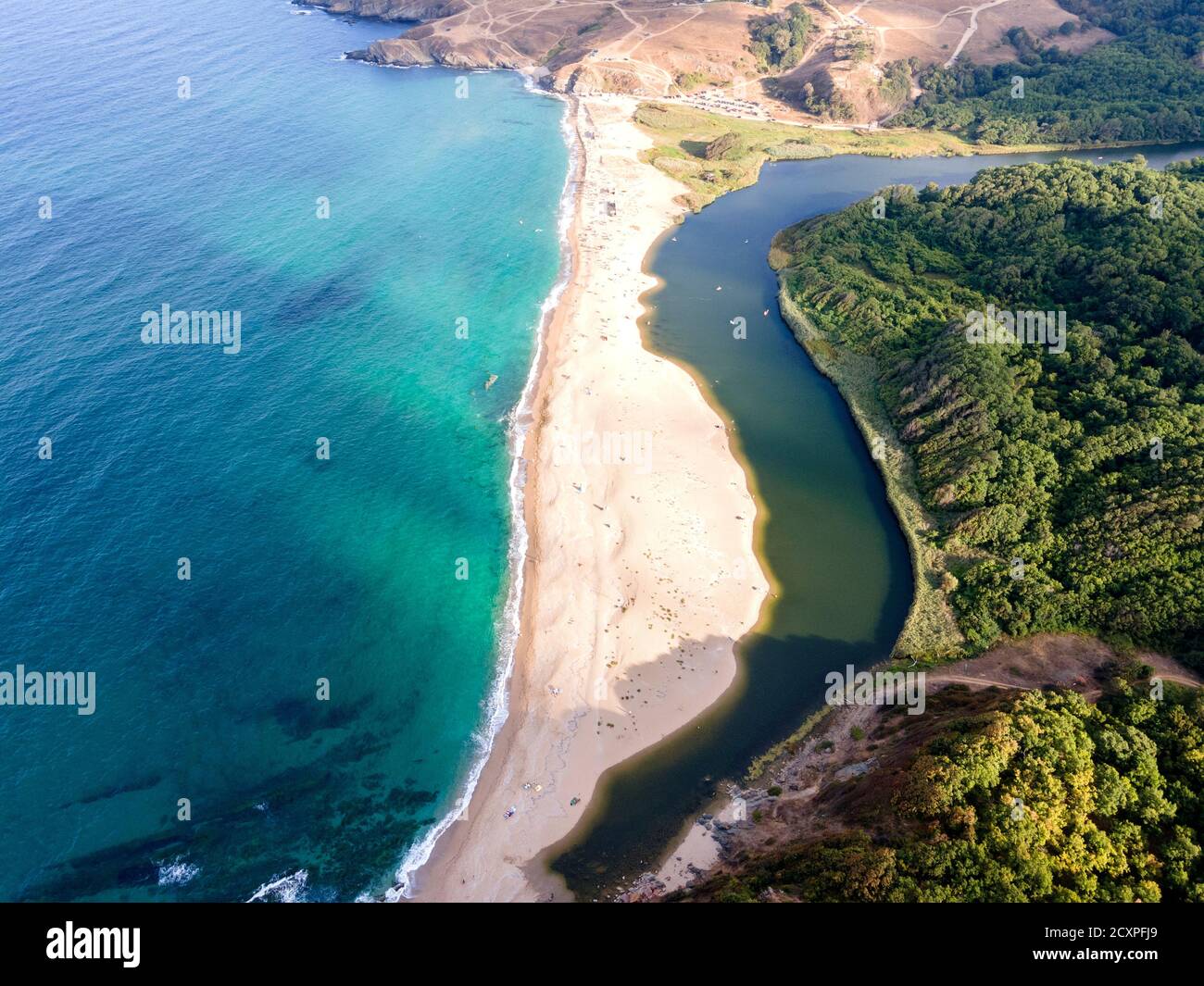 Aerial view of beach at the mouth of the Veleka River, Sinemorets ...