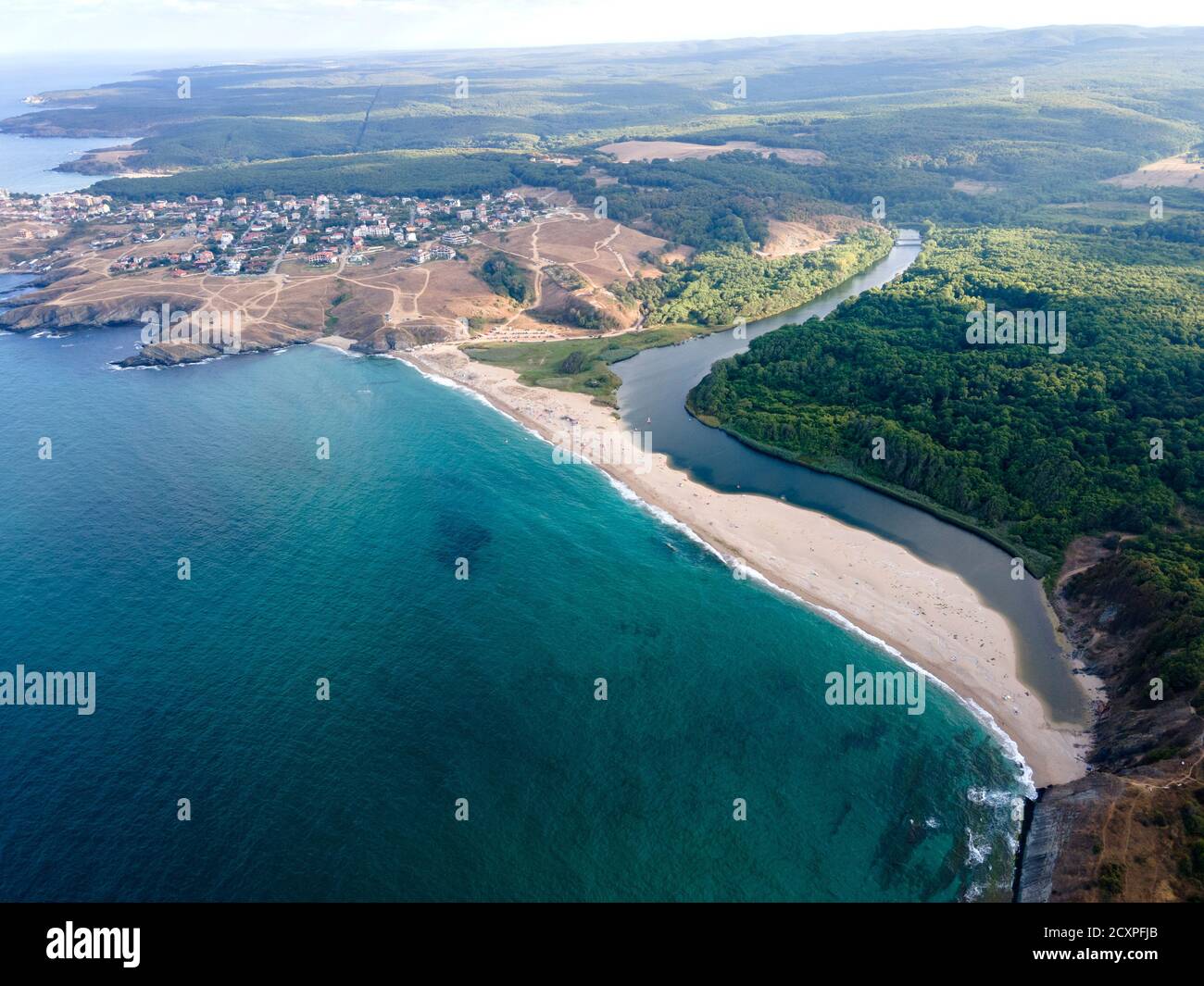 Aerial view of beach at the mouth of the Veleka River, Sinemorets ...