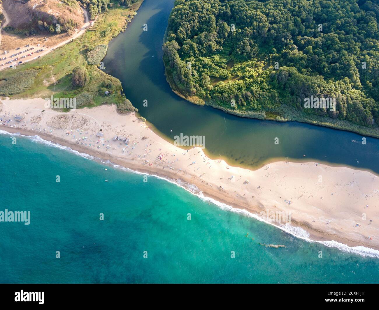 Aerial view of beach at the mouth of the Veleka River, Sinemorets ...