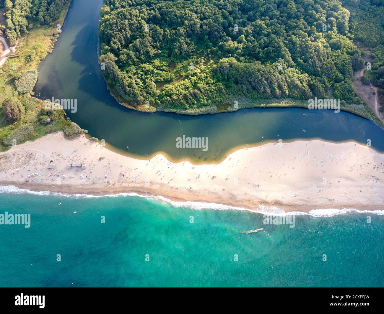 Aerial view of beach at the mouth of the Veleka River, Sinemorets ...