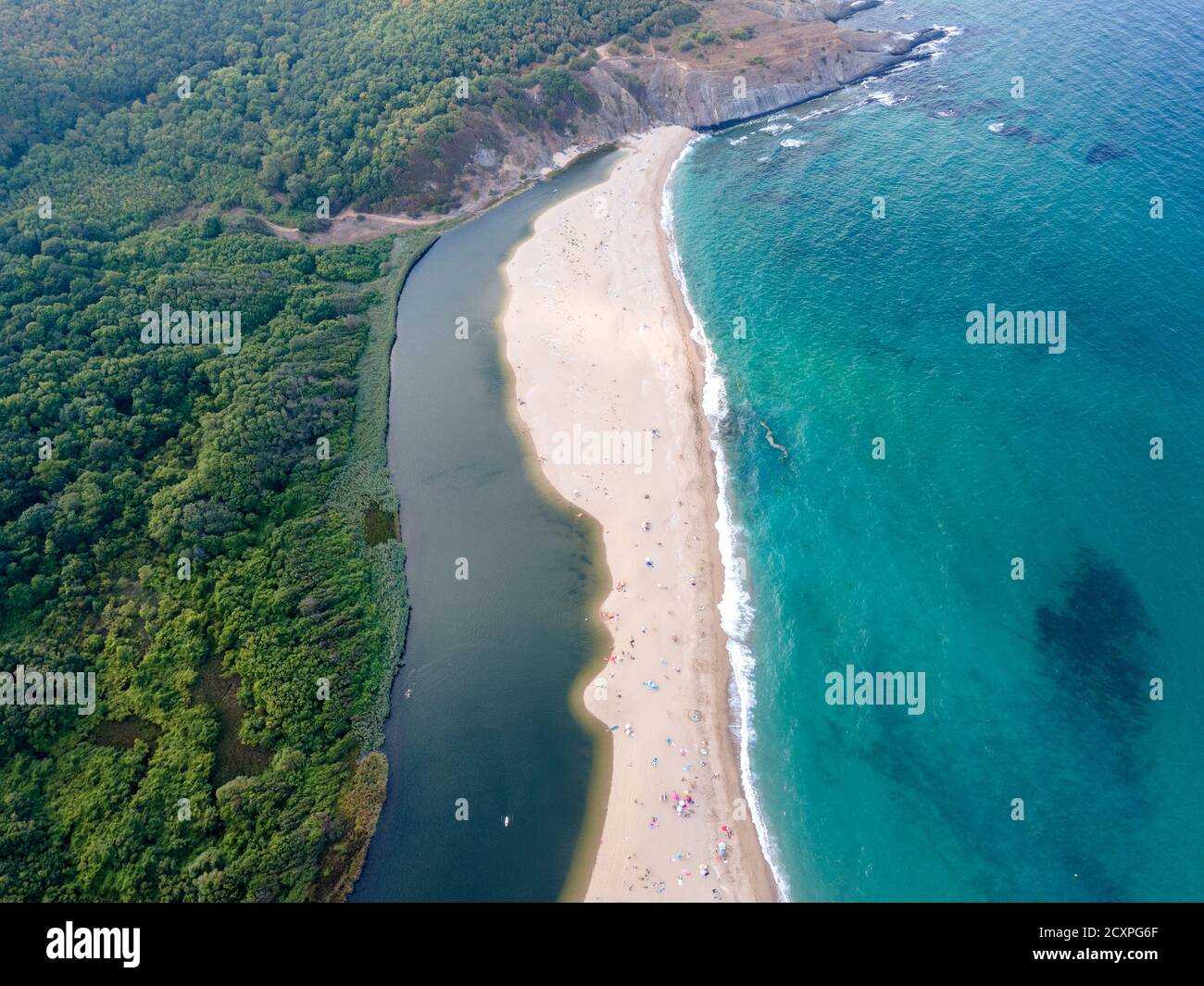 Aerial view of beach at the mouth of the Veleka River, Sinemorets ...