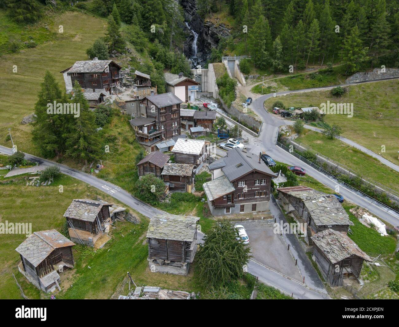 Aerial view at the village of Tasch near Zermatt in the Swiss alps ...